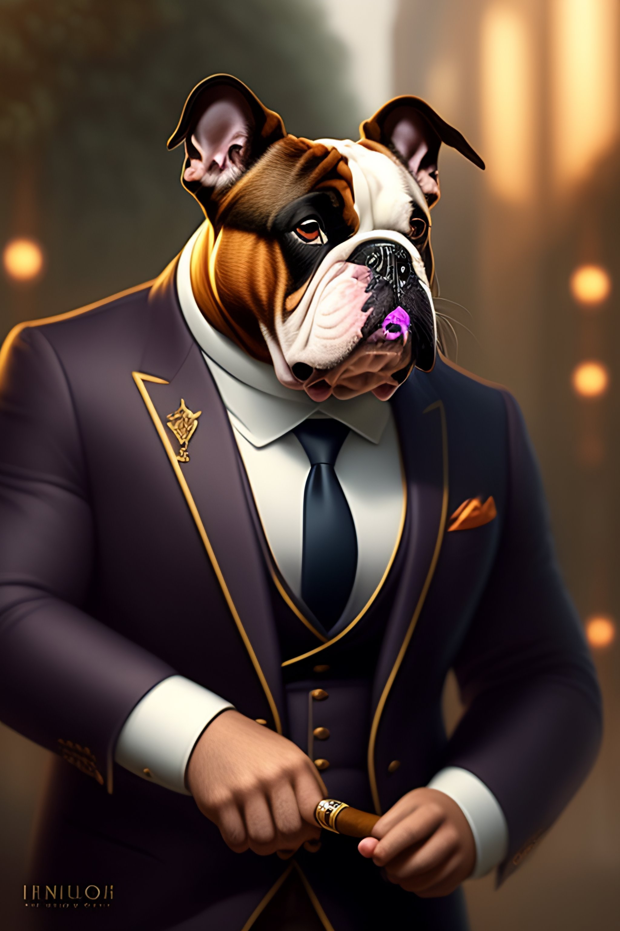 Lexica - Anthro furry humanoid bulldog smoking a cigar, three piece ...