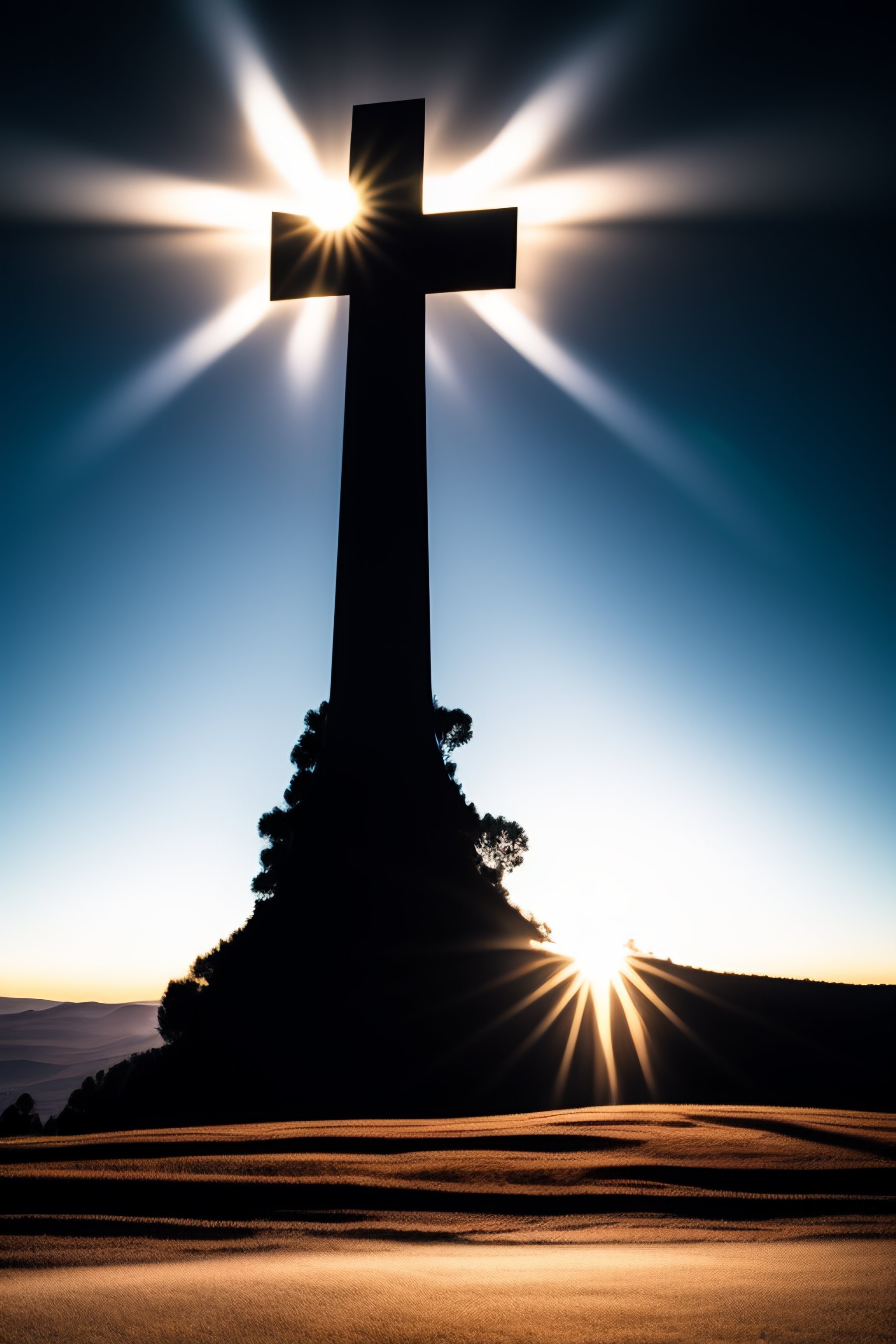 Lexica - Silhouette of three crosses on a dark hill, sun rising behind ...
