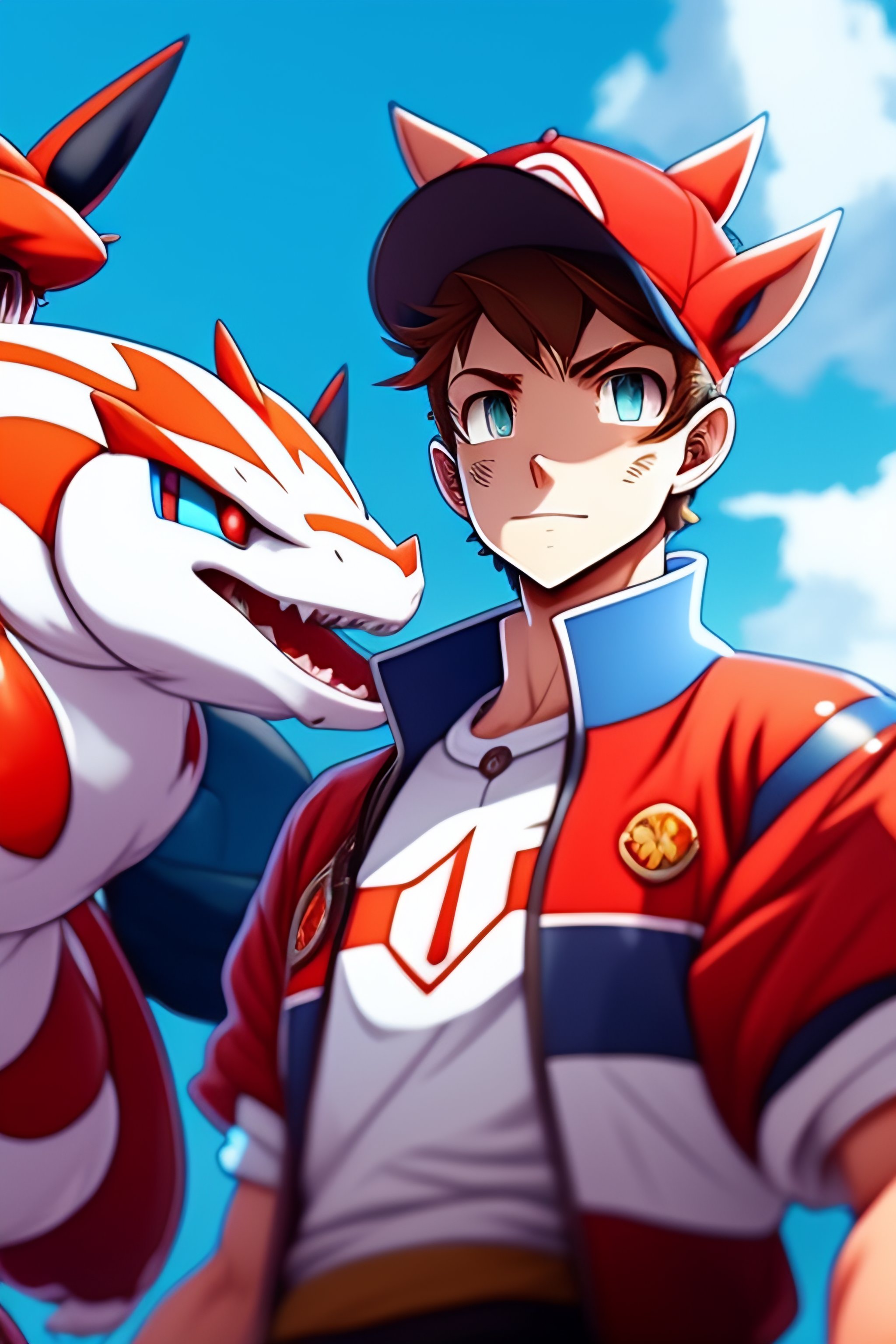 Lexica - A picture of a full body male,blue eyes pokemon trainer in red ...
