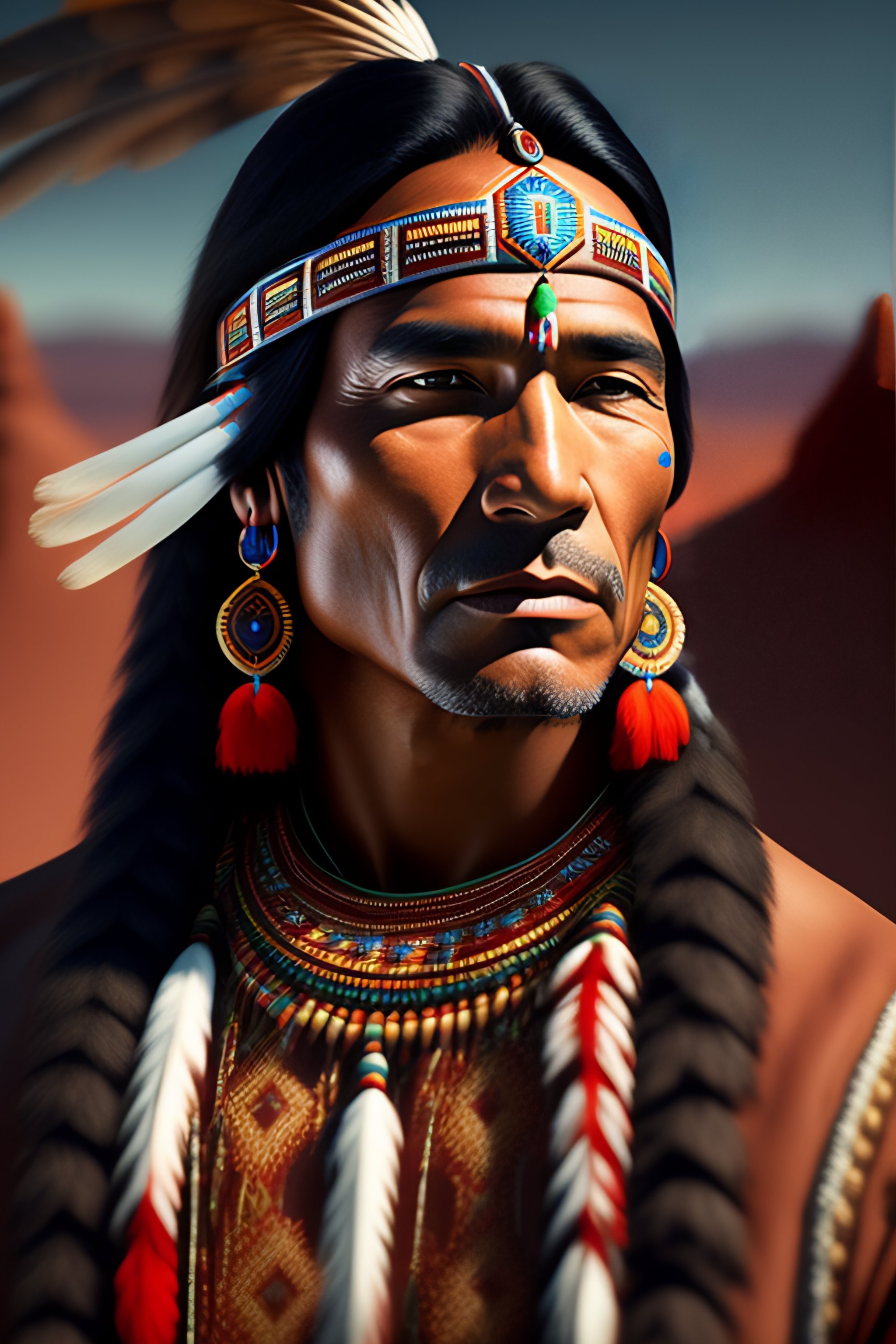 Lexica - Native american man portrait in 3d digital art with clear sky ...