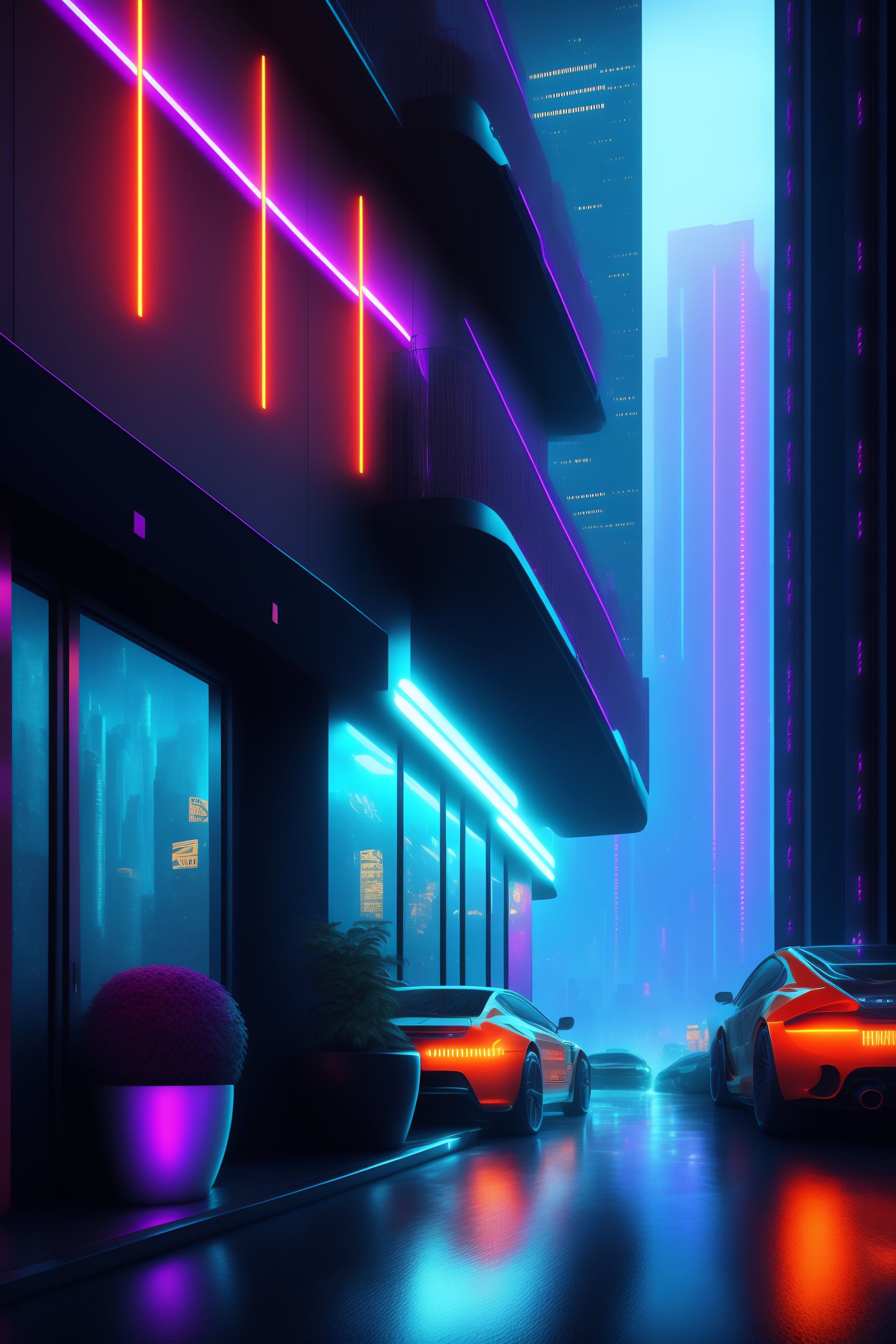 Lexica - Cyberpunk city, skyline, cocktail club door outside, its ...