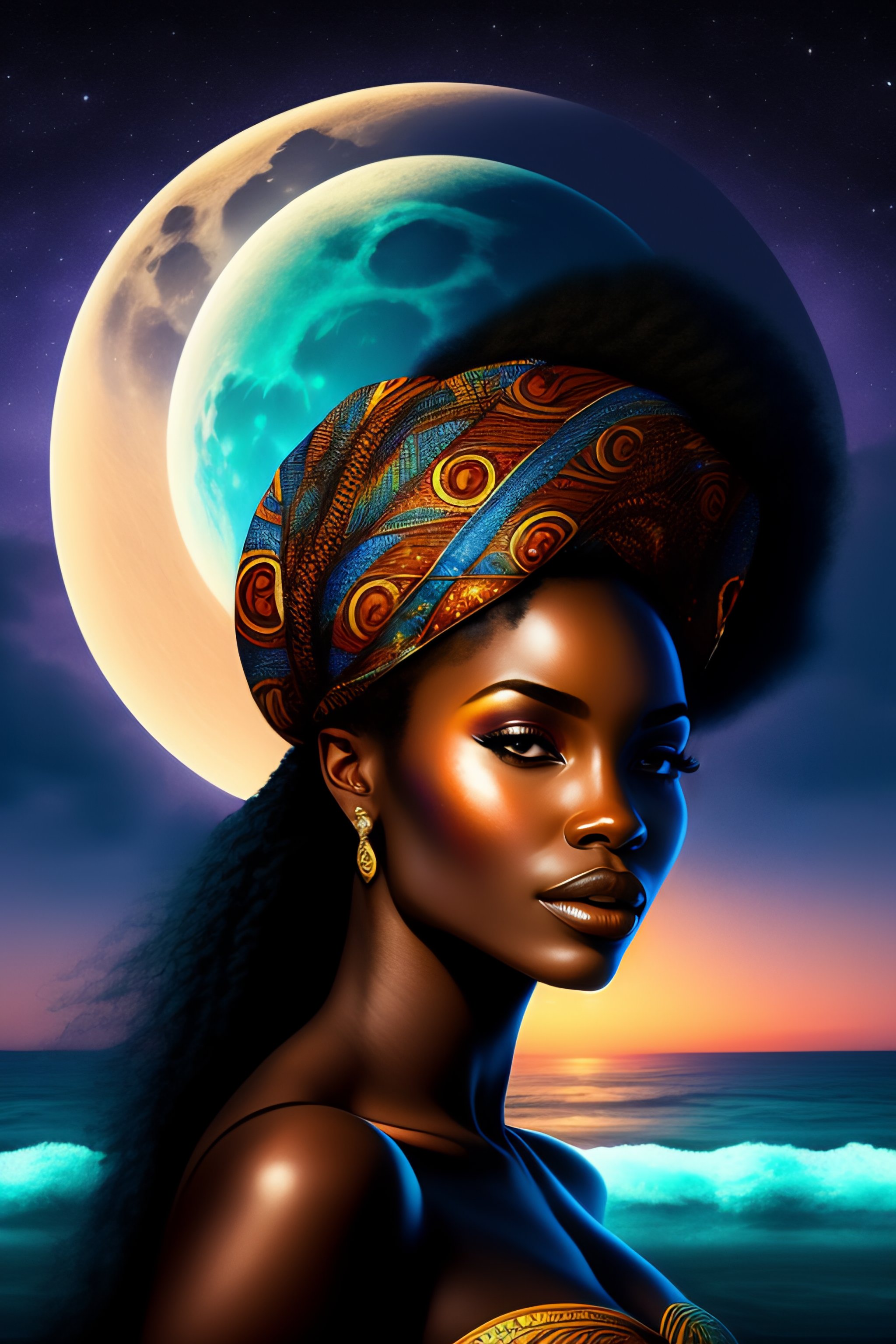 Lexica - Beautiful woman African goddess, moon light sky, night time ...