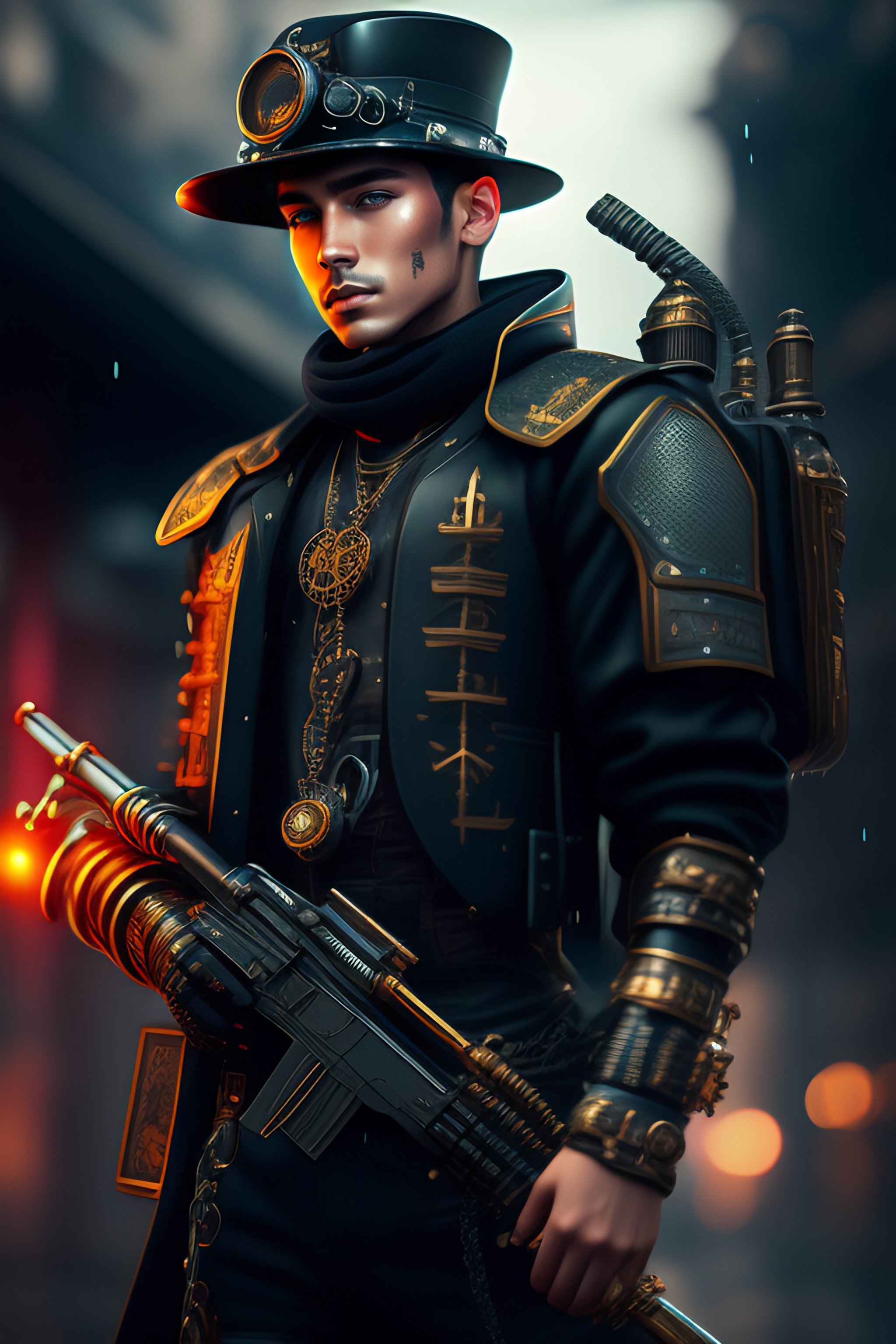 Lexica - Steampunk boy, holding a machine gun in his hands, wetlook ...