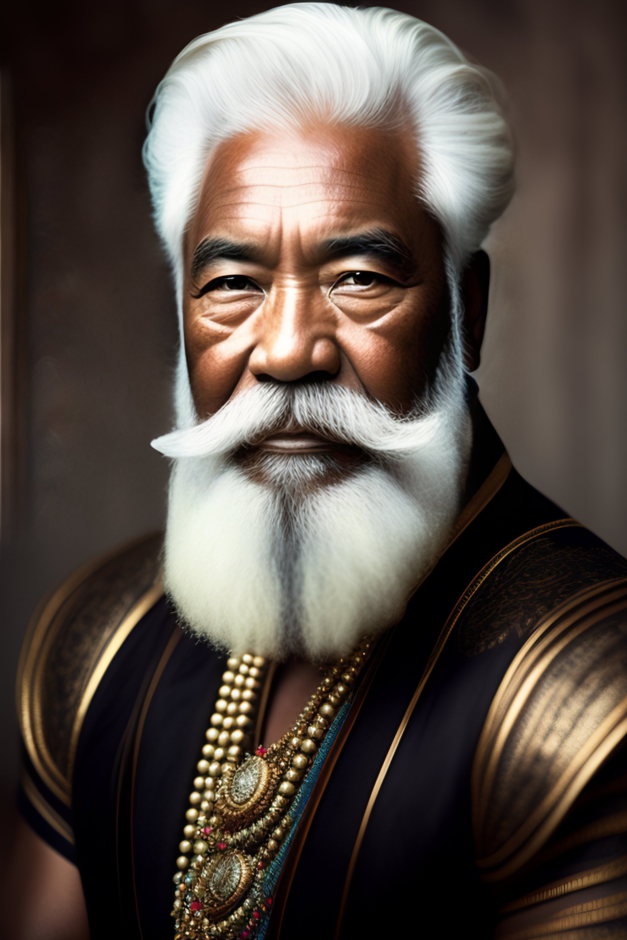 Lexica - Man, bronze skin, white hair, portrait, wearing many diadems ...