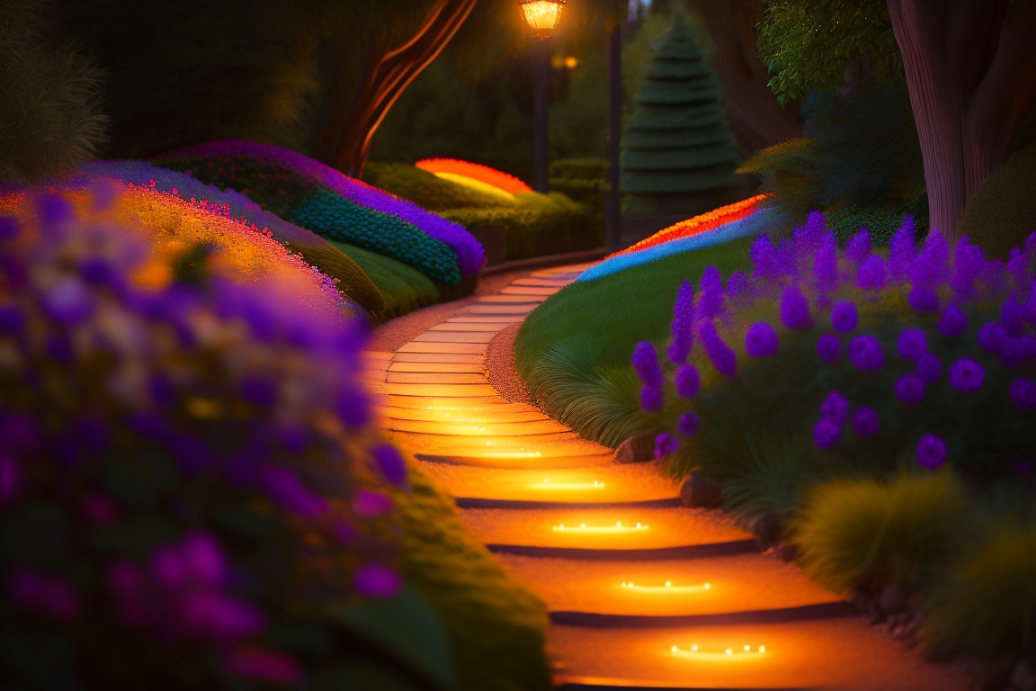 Lexica - A picturesque garden pathway illuminated by soft, warm ...