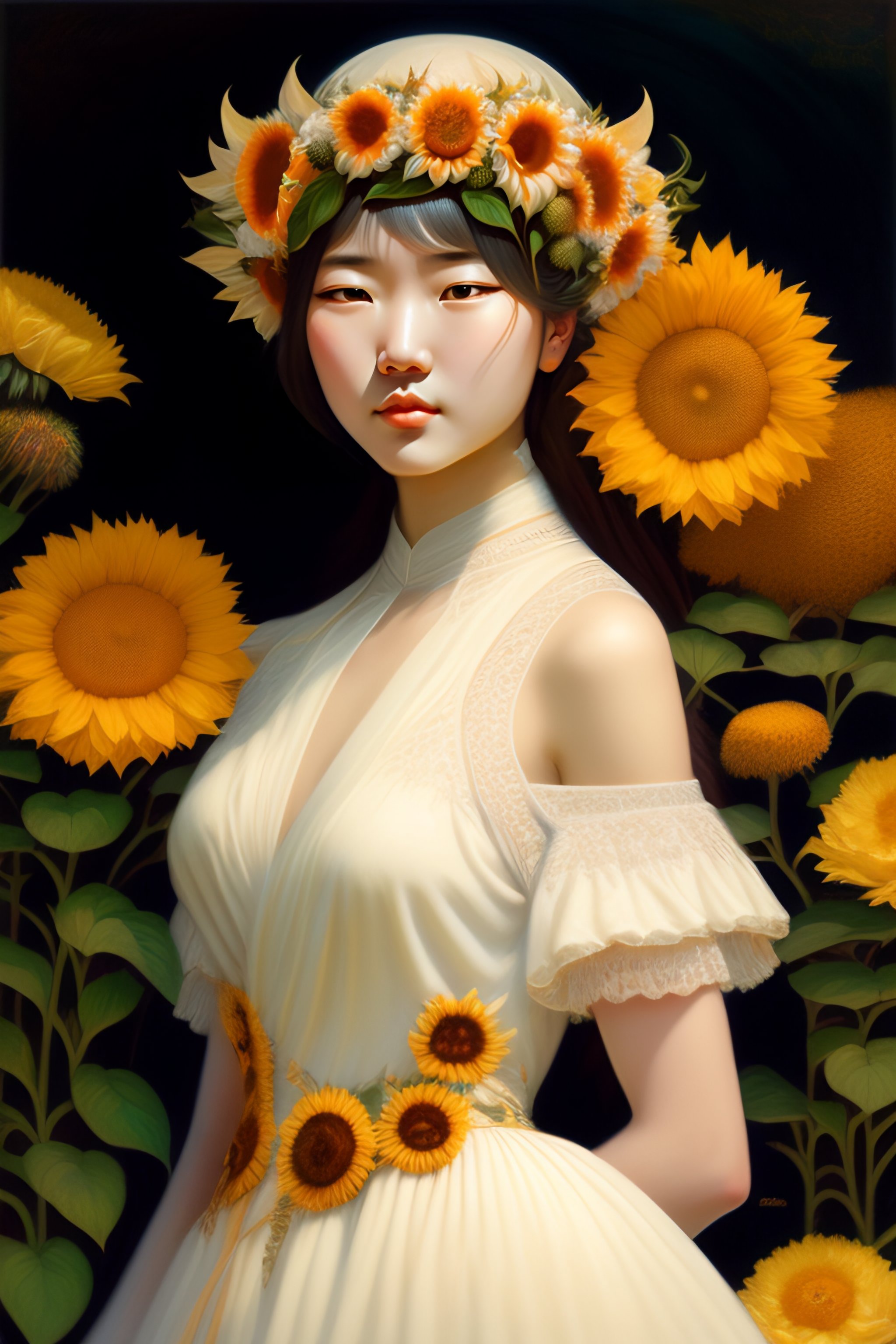 Lexica - White cat girl, botanical, sunflower, portrait face, colorful ...