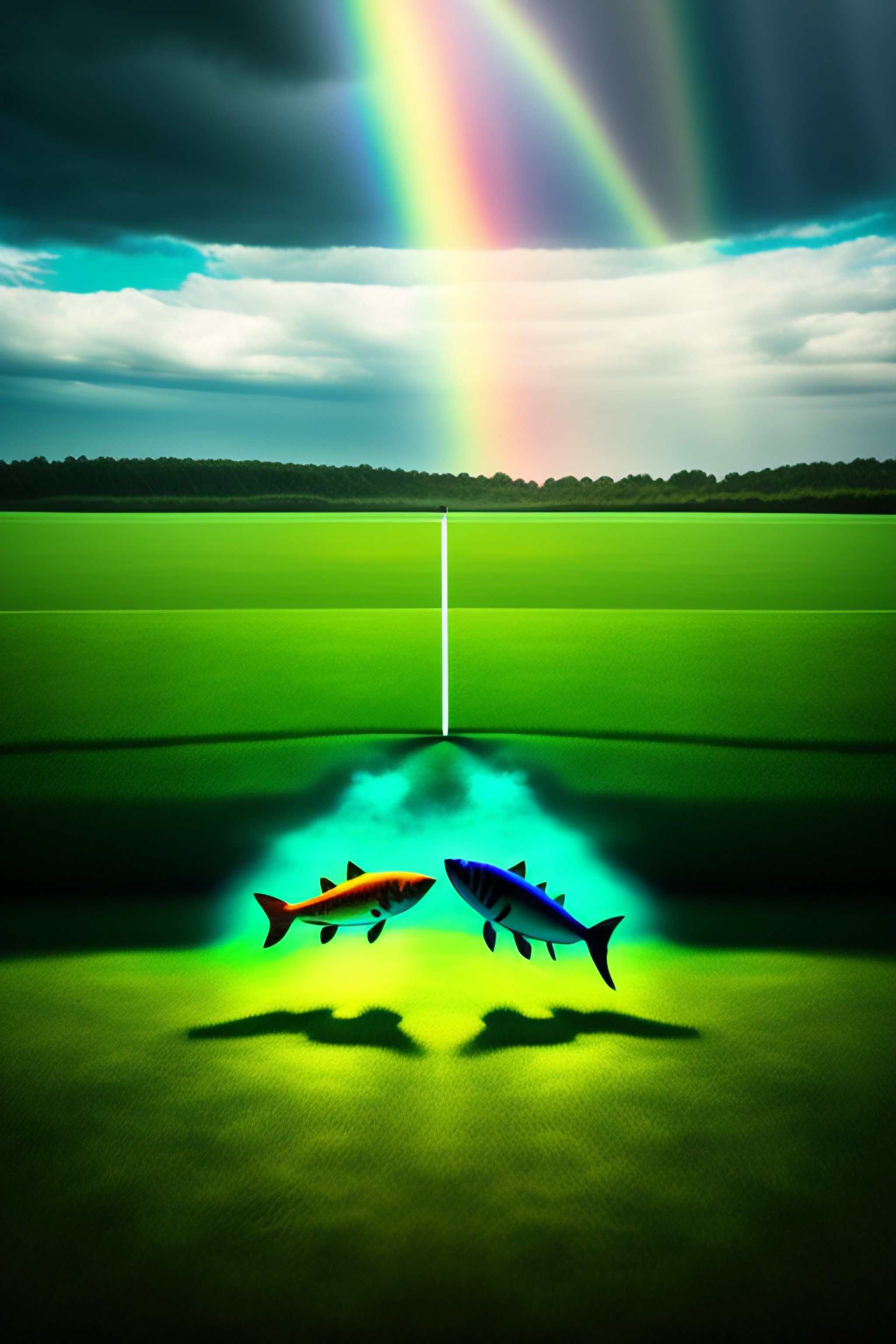 Lexica - Two fish playing tennis on grass under a rainbow