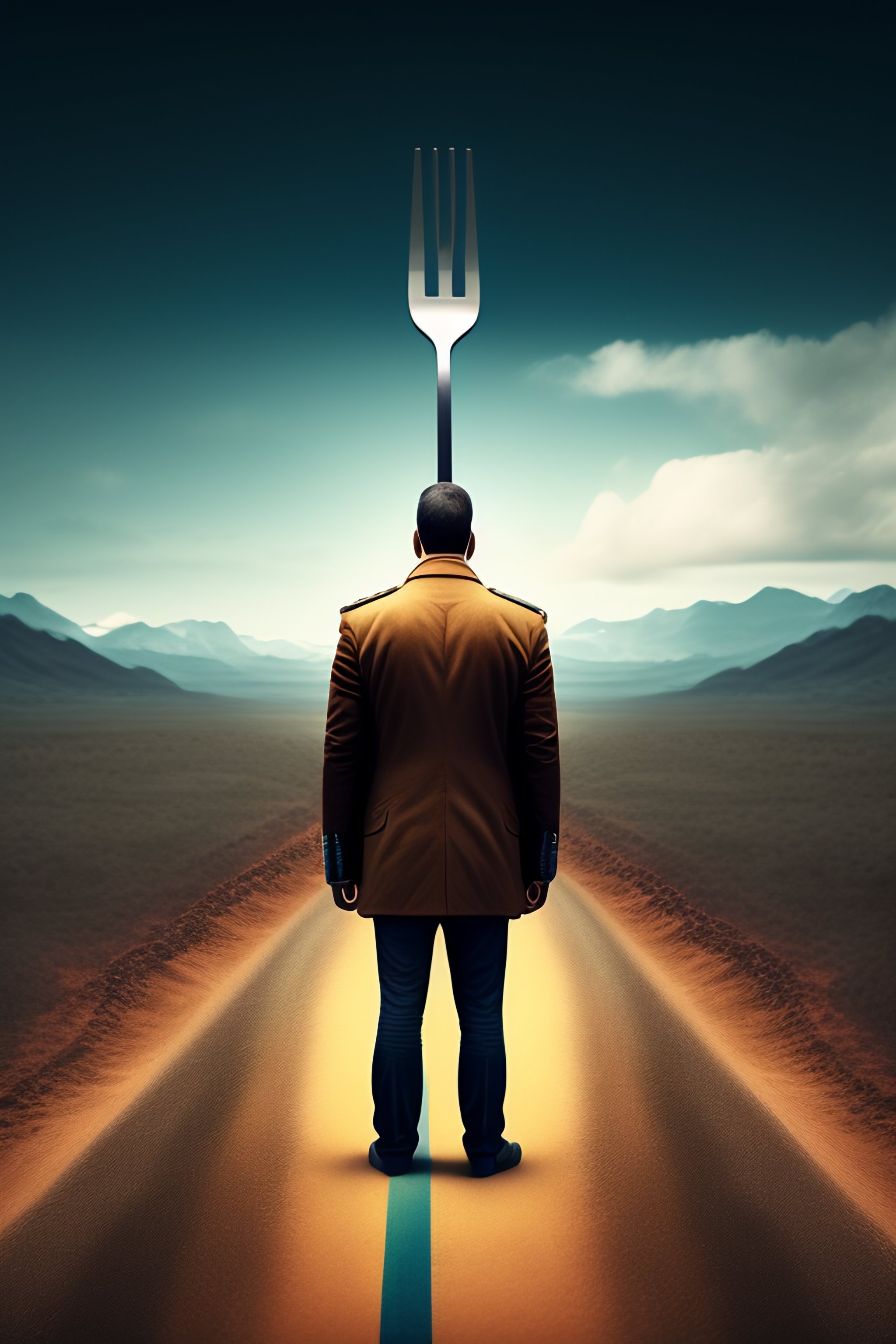 Lexica - A man standing at a fork in the road undecided which way to take