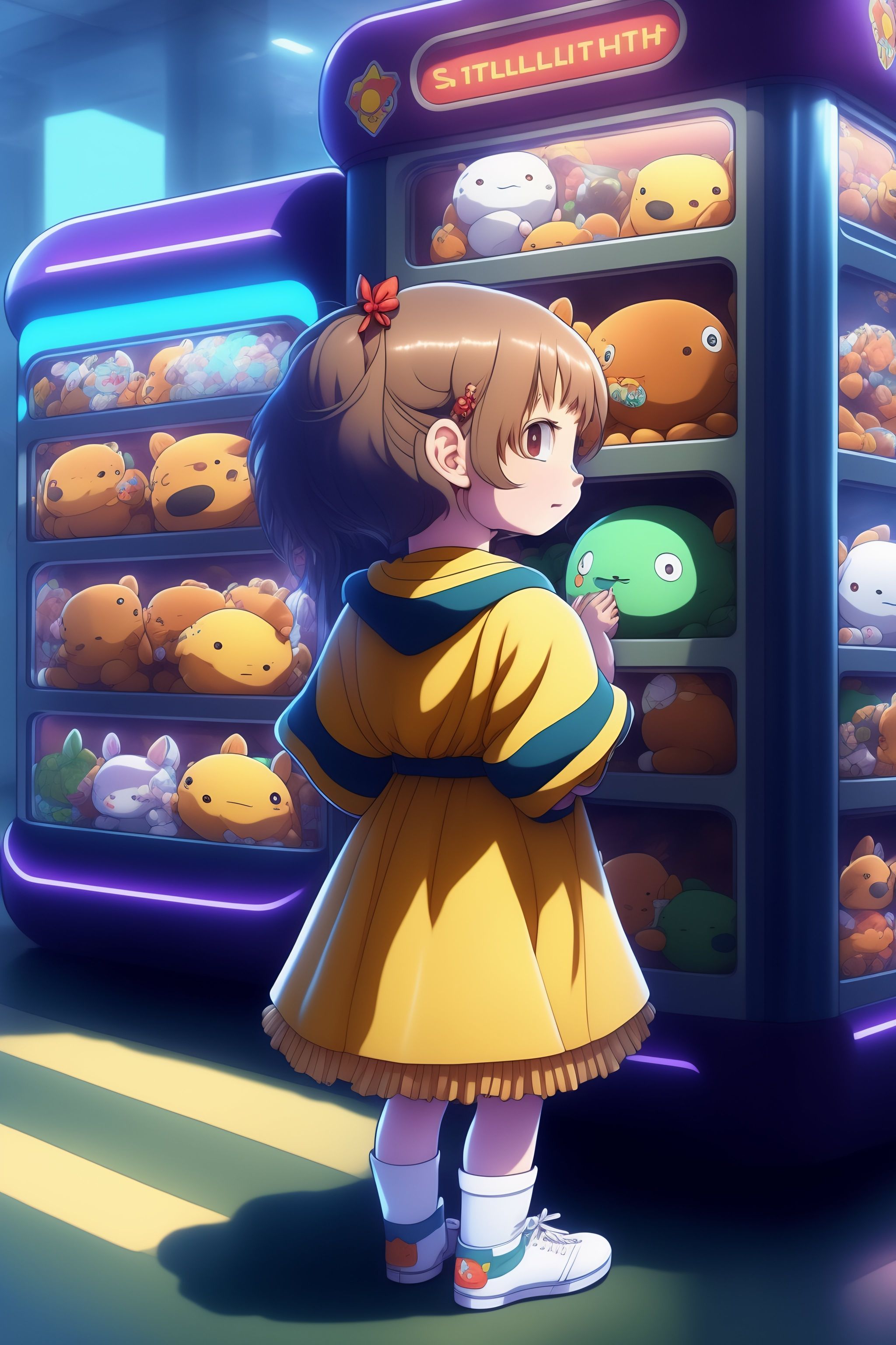 Lexica - Little girl in Sloth costume standing in front of claw machine ...