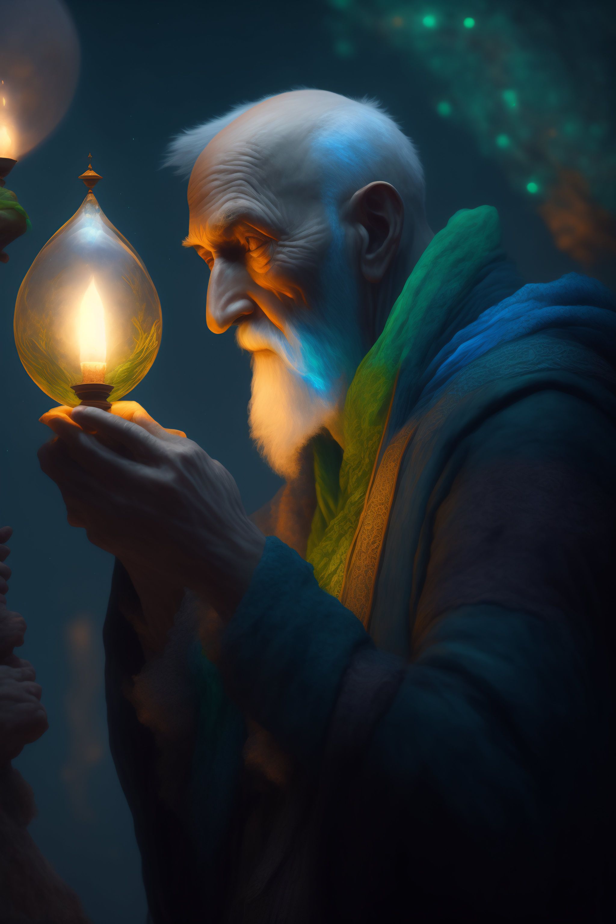 Lexica - Old man, blue and green, dark warlock casting a spell ...
