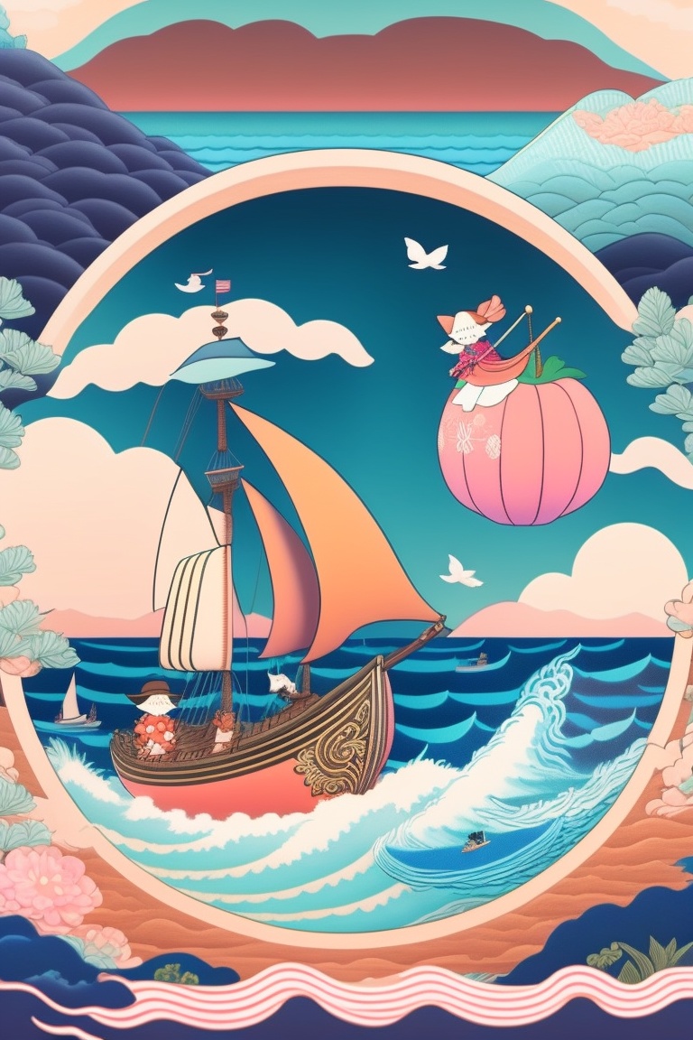 Lexica - Illustrate Momotaro's journey across the sea to Onigashima ...
