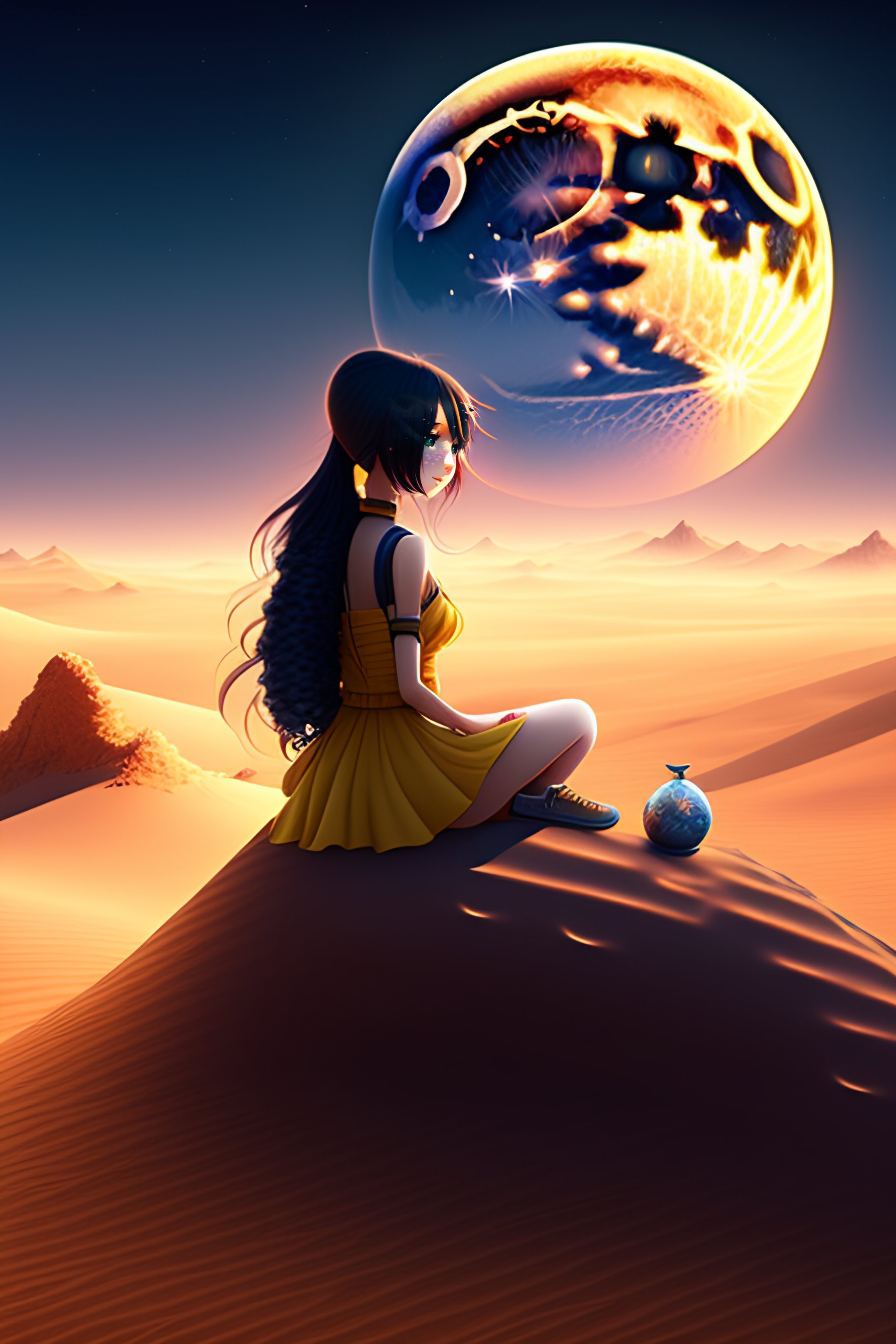 Lexica - Anime girl sitting in desert full moon behind