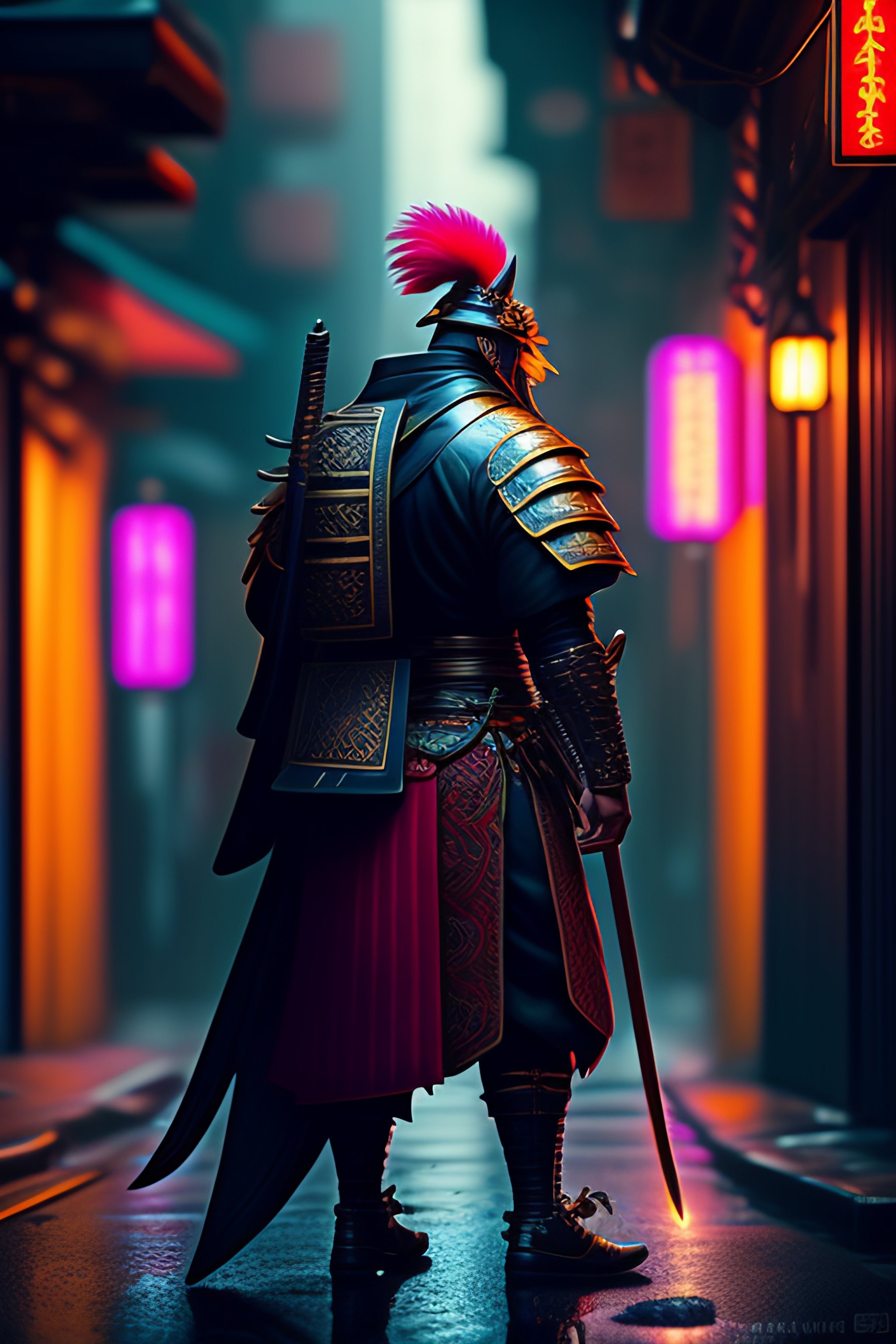 Lexica - Samurai rooster in a cyberpunk alley,