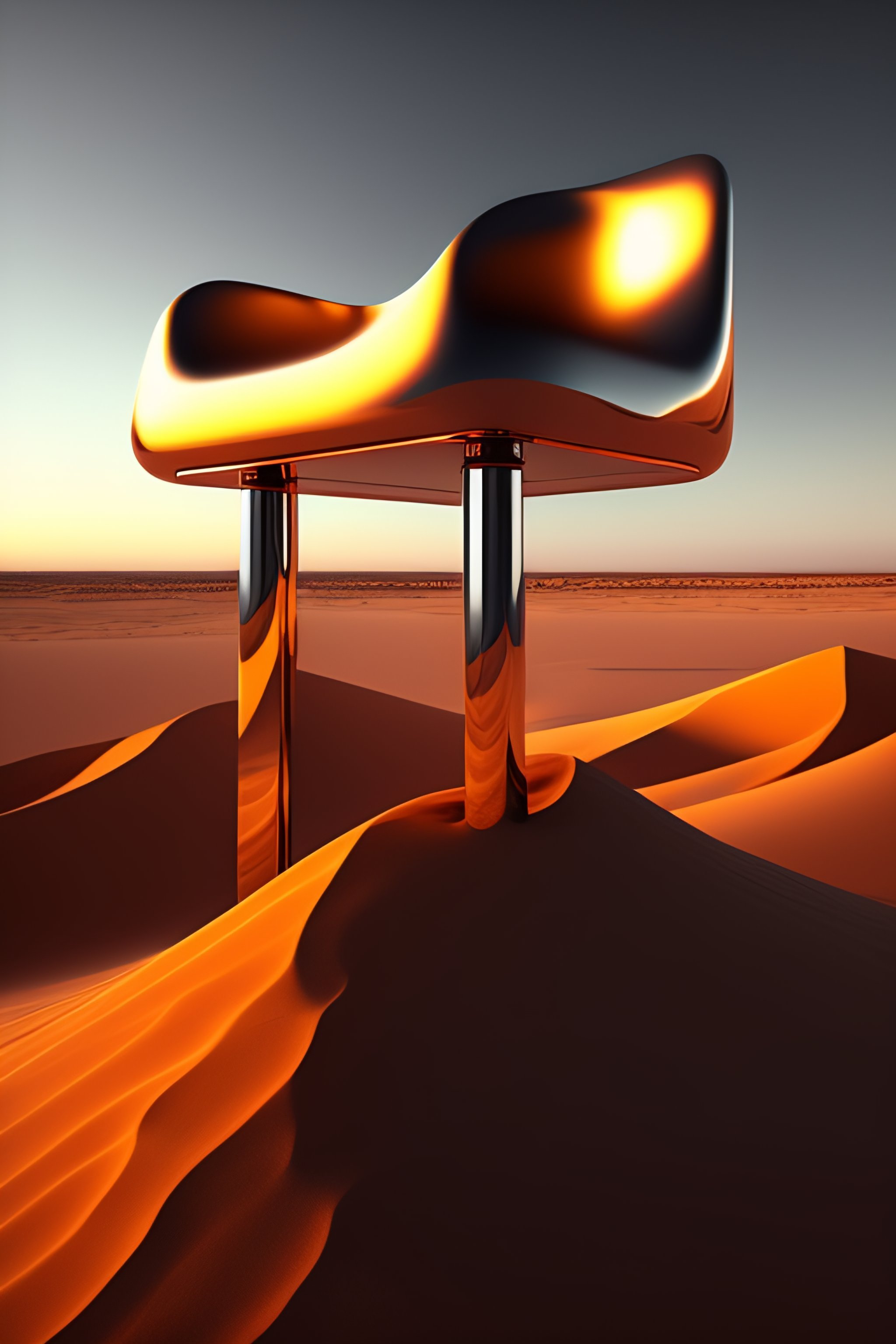 Lexica - Chrome cyber chair, glowing reflections, desert walk ...