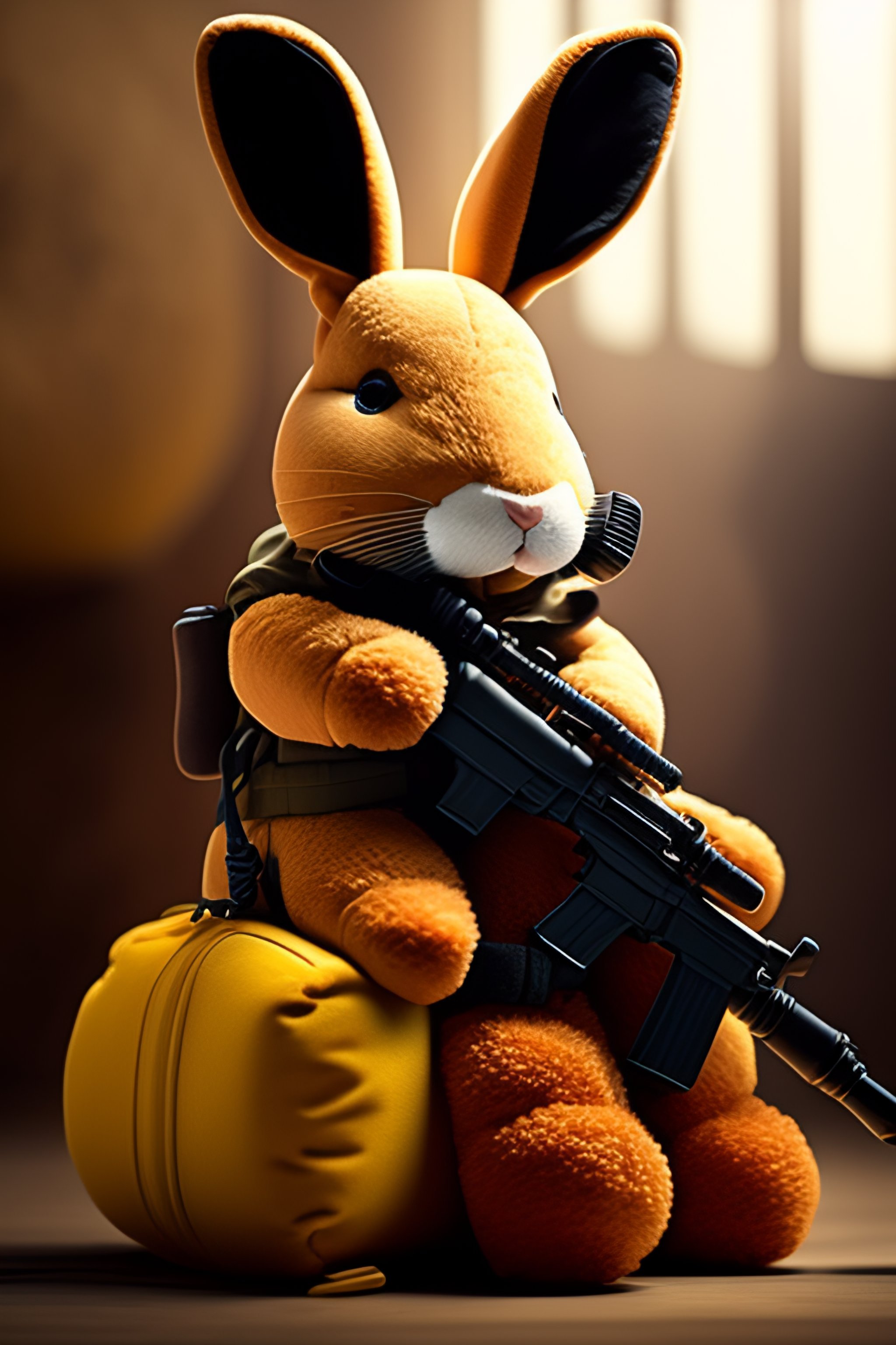 Lexica - Plush rabbit with a Kalashnikov assault rifle in a gas mask on ...