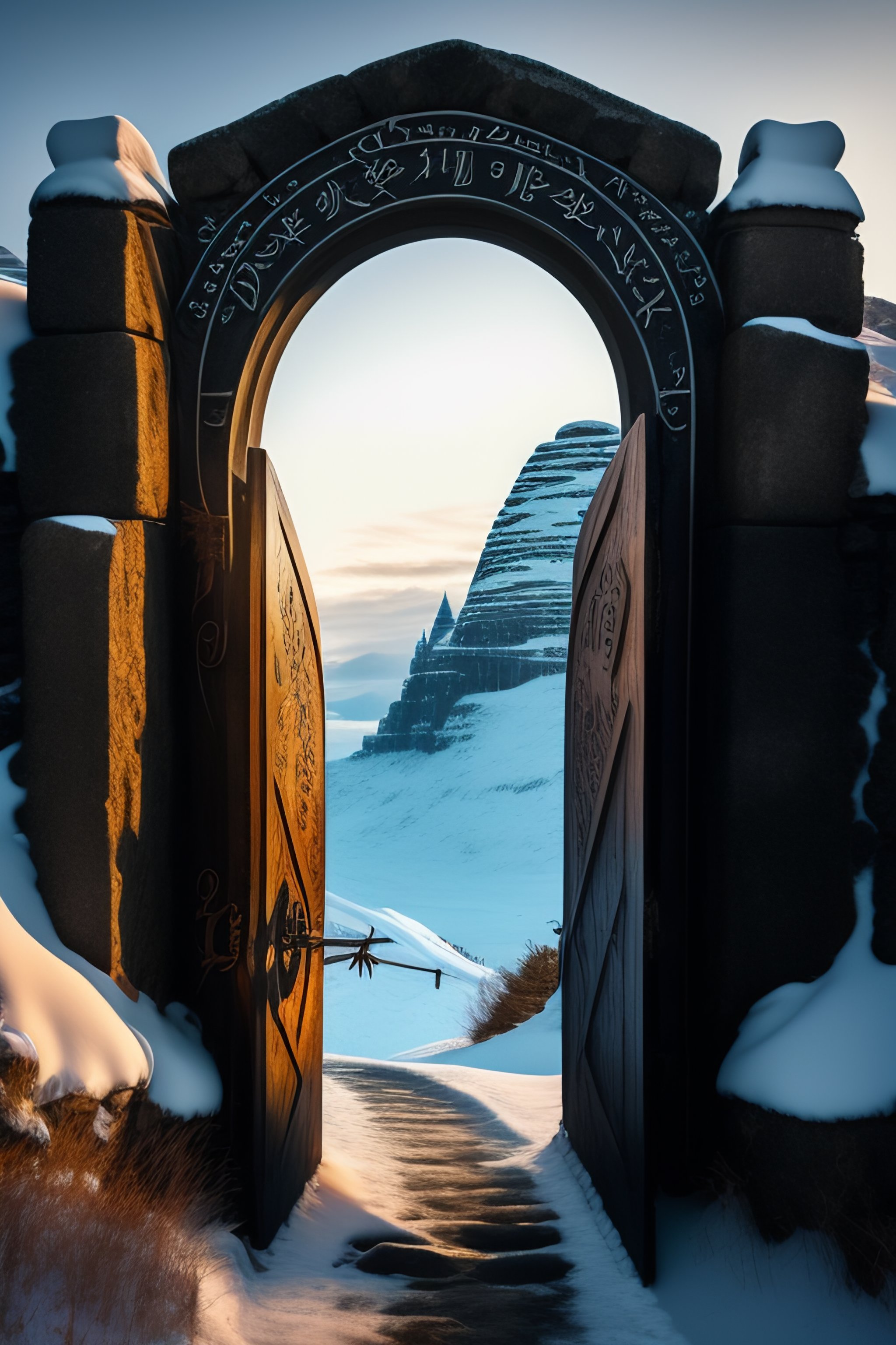 Lexica - Big frozen medieval gate with runic scriptures in the mountain