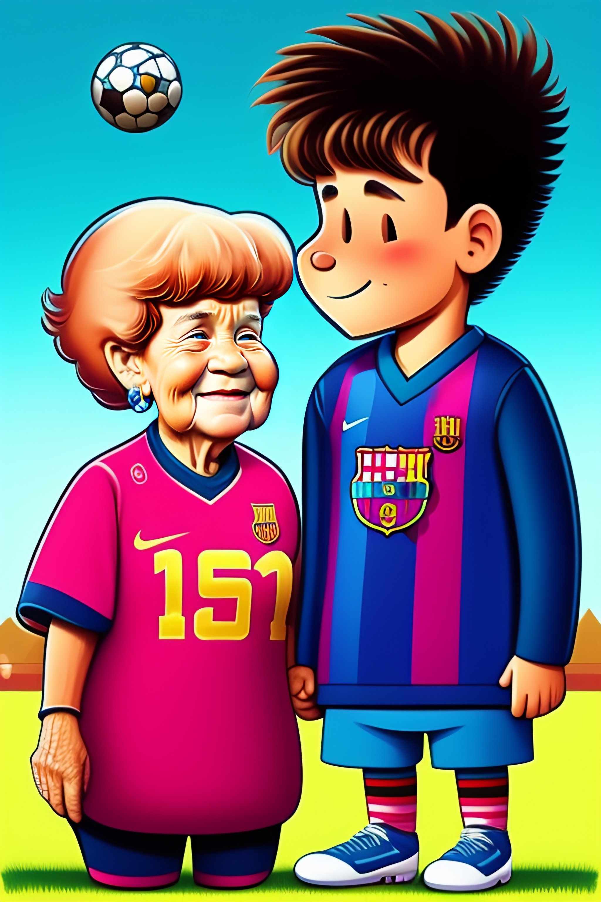 Lexica - Cartoon of Messi as a kid with a grandma, schulz style