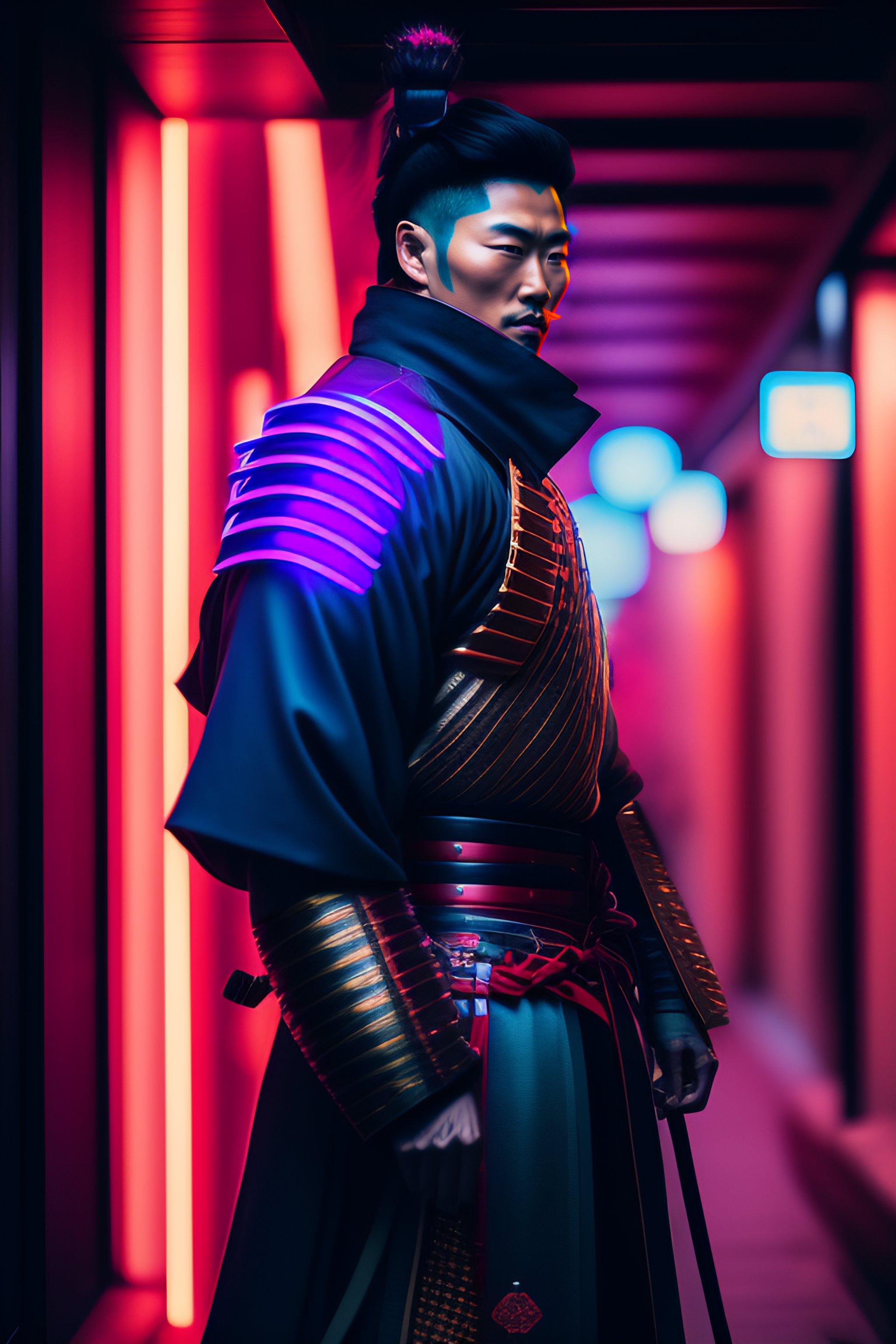 Lexica - Slow shutter speed photo of a cyberpunk samurai with neon ...
