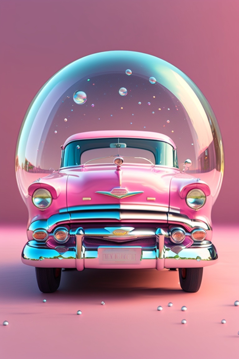 Lexica - Old car in a big pink bubble coming out of a water floor surrounded by lots of other ...