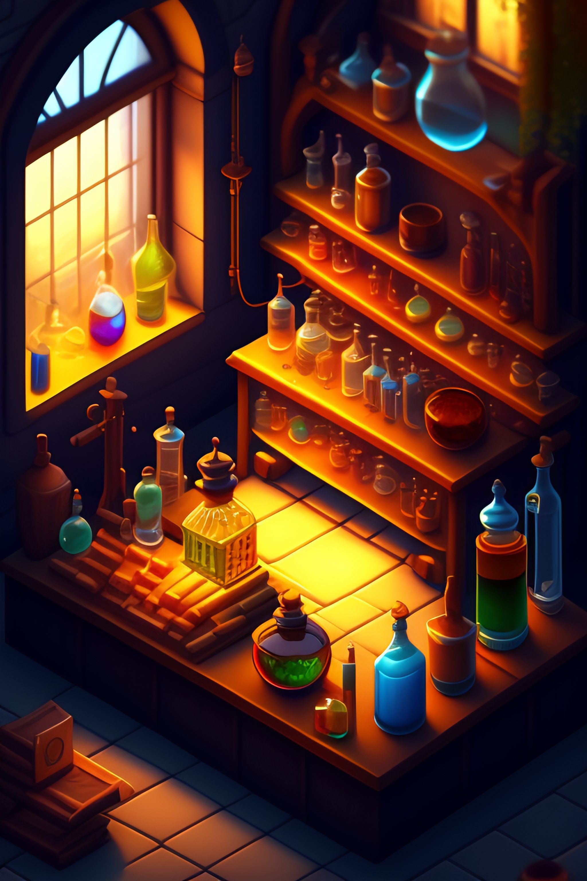 Lexica - An isometric digital painting of a medieval lchemist's ...