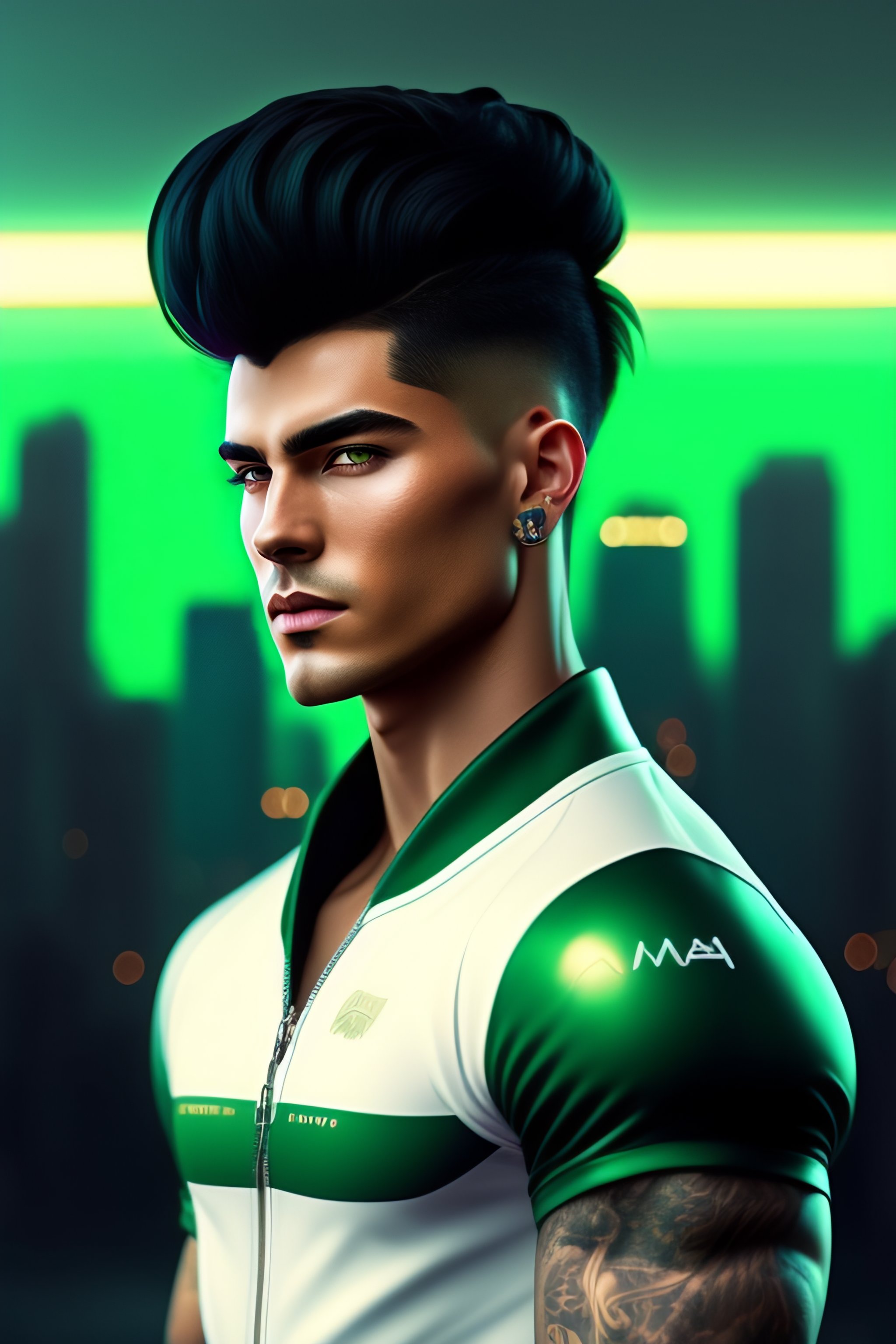 Lexica - Cyberpunk boy, pompadour, black hair, green eyes, highly ...