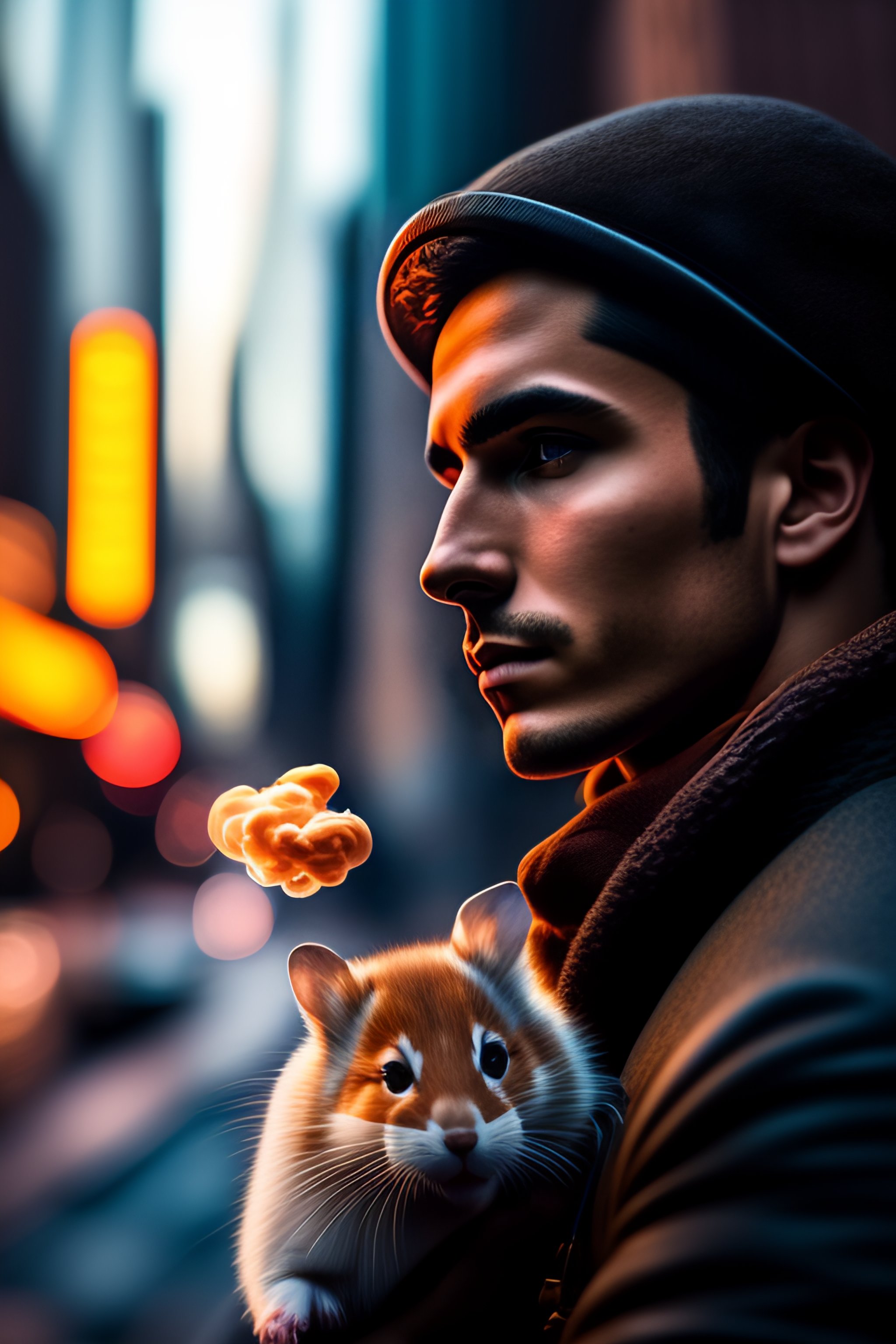Lexica - Young Man log hair smoking holding a rat, long shot, cinematic ...