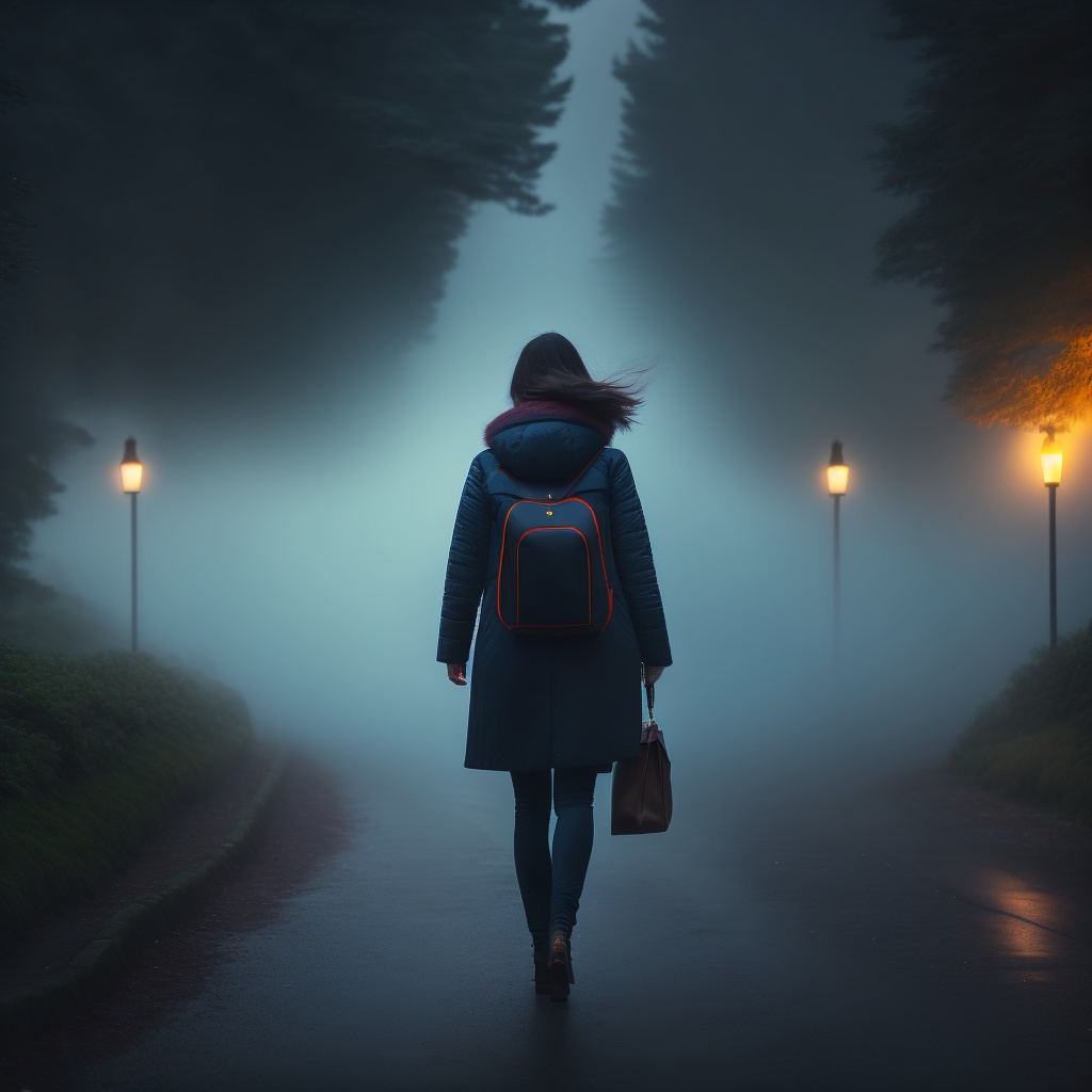 Lexica - An image of a woman walking through a dark and foggy path ...