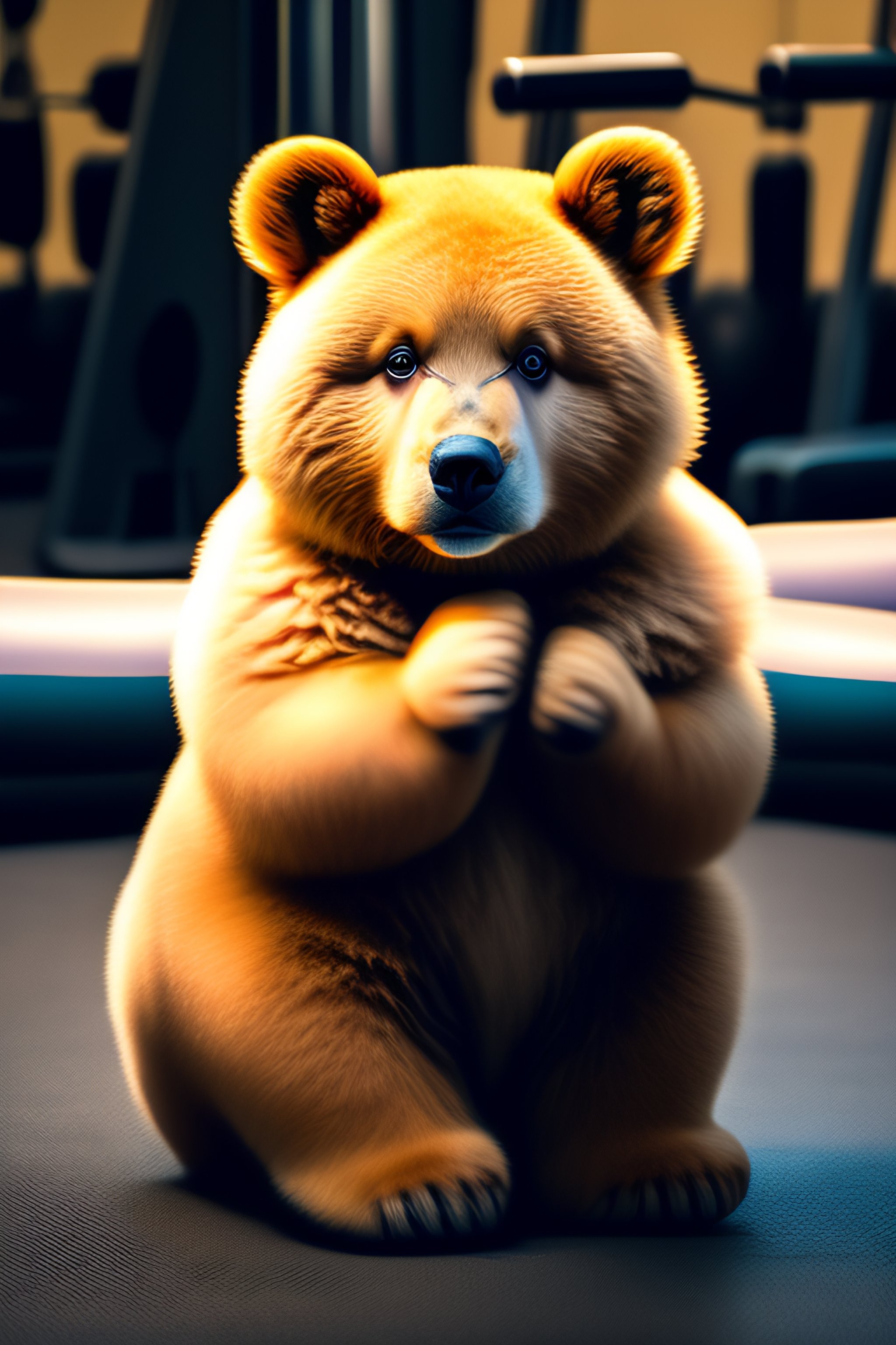 Lexica - Fotografía publicitaria de un oso n un gym
