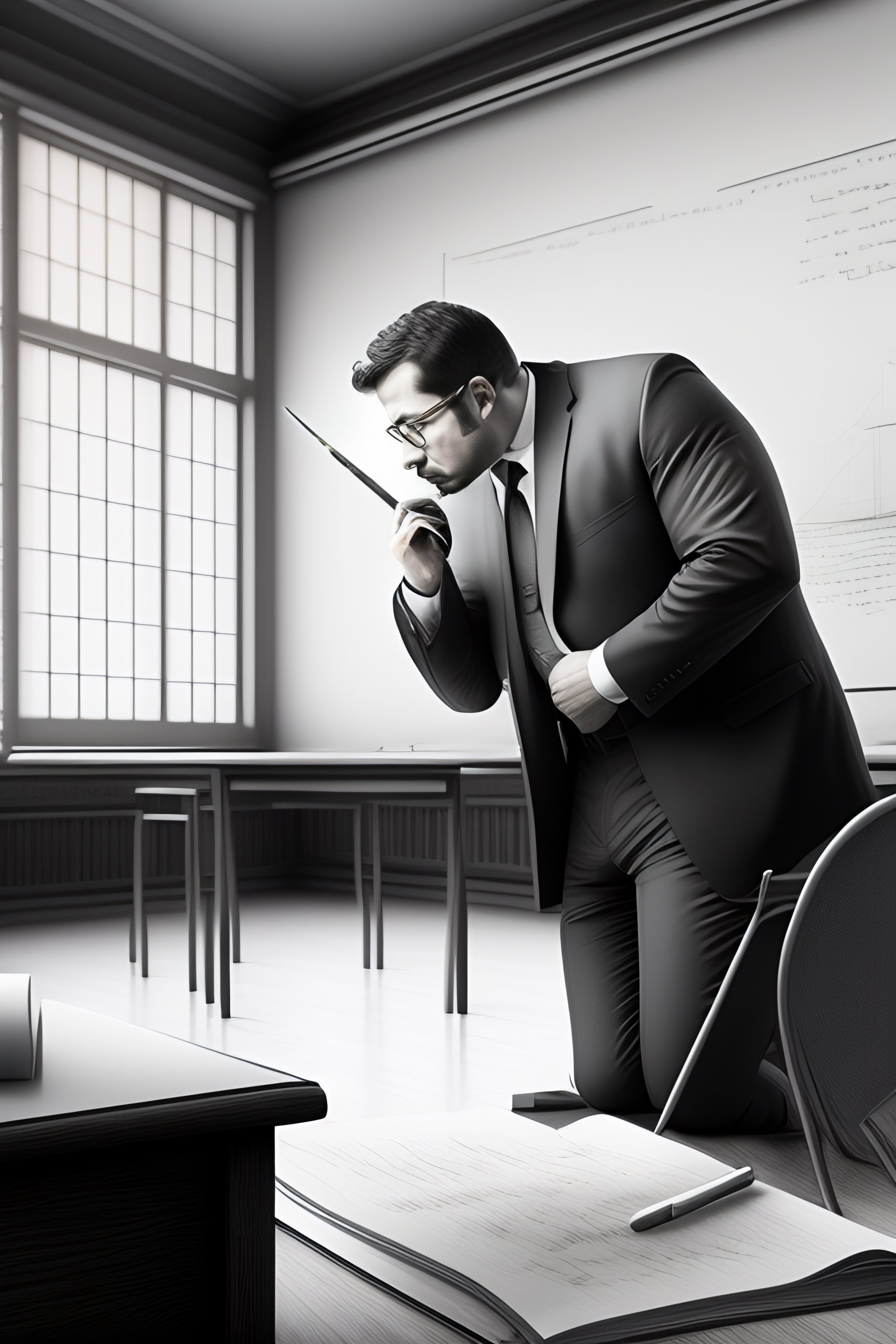 Lexica - Realistic sketch of a frustrated teacher in front of his classroom