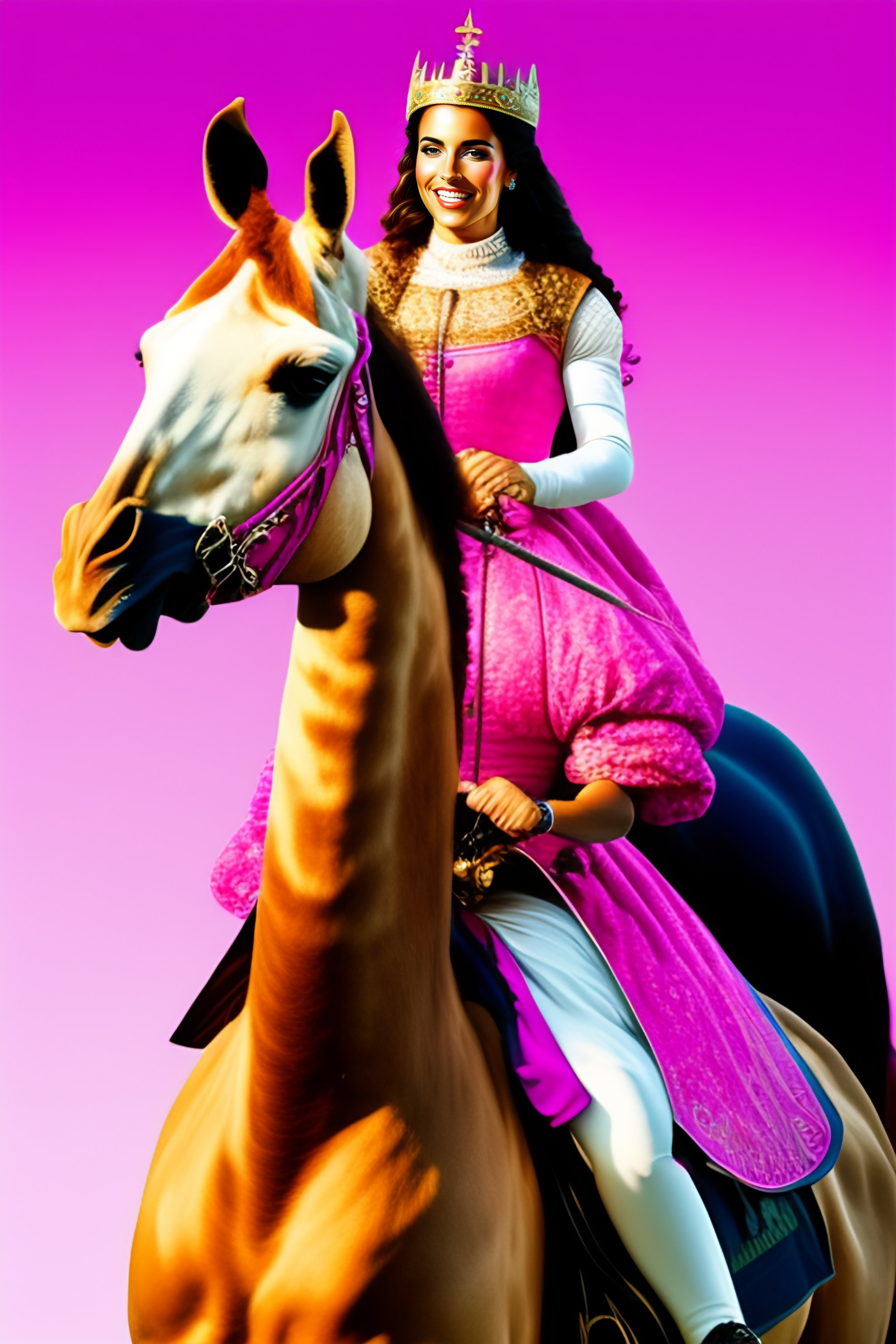 Lexica - Marta Gastini in pink medieval princess style riding a giraffe