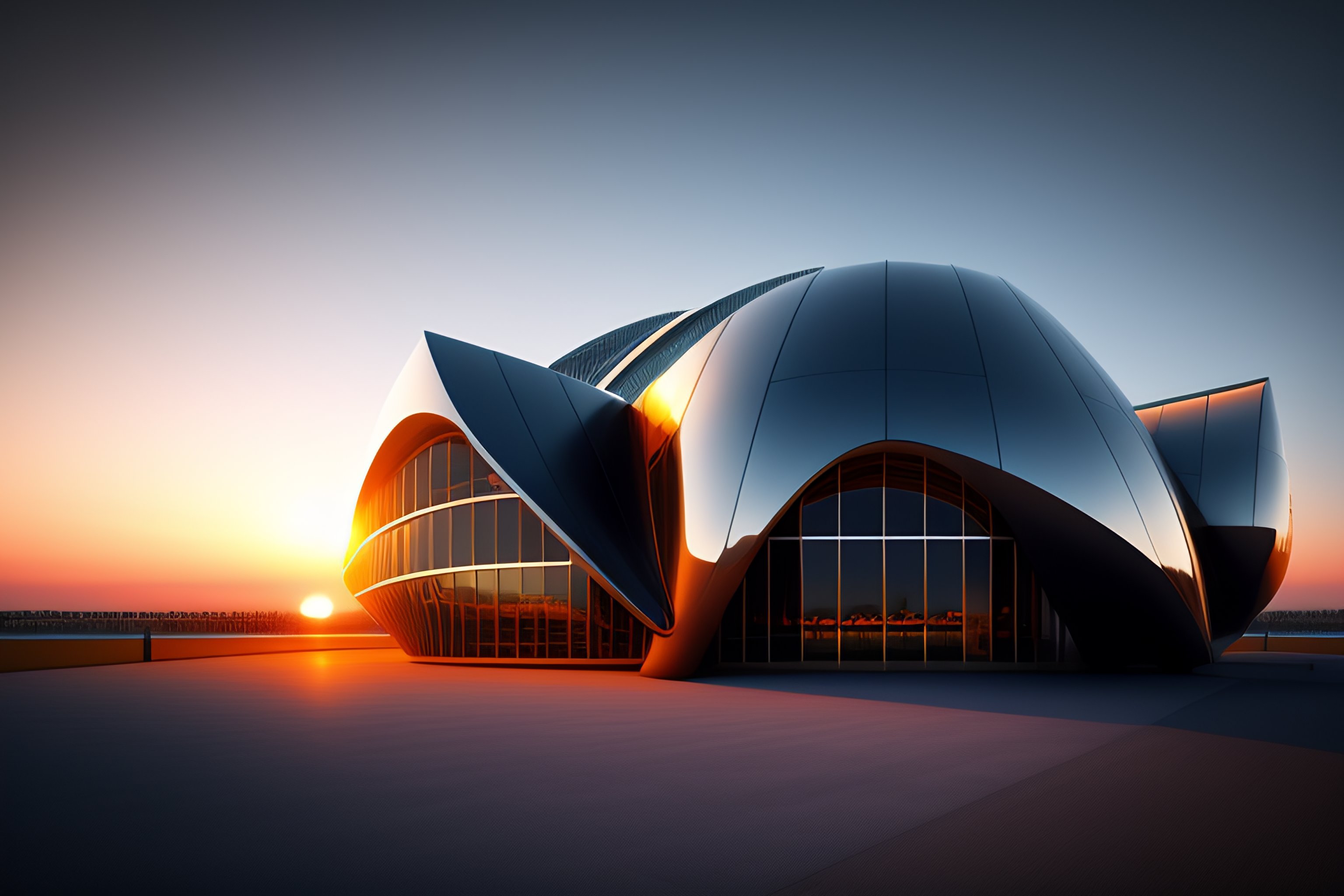Lexica - Wide angle view of the exterior of a futuristic museum ...