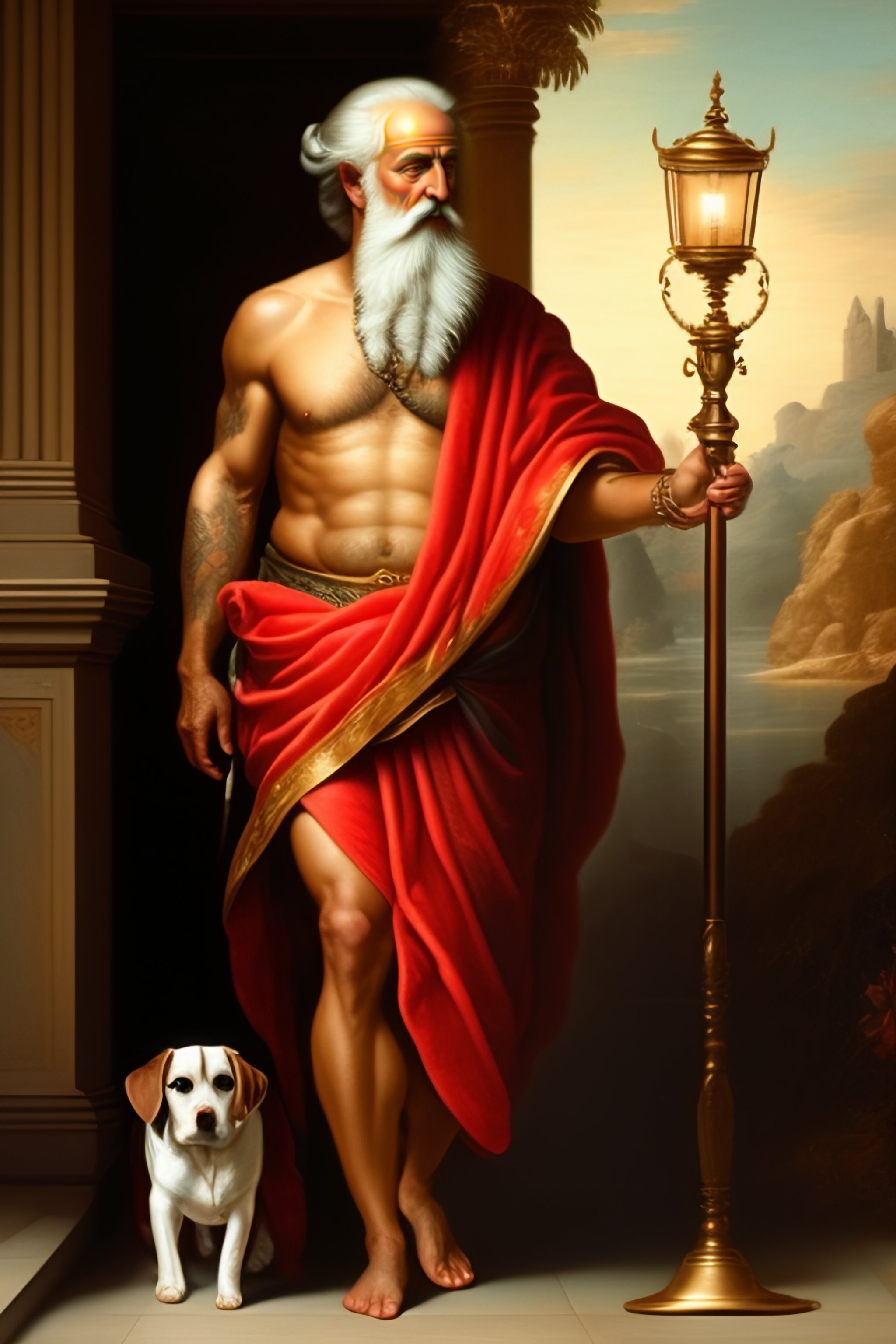 Lexica - Tattoo style of Diogenes of Sinope carrying a lamp with a dog