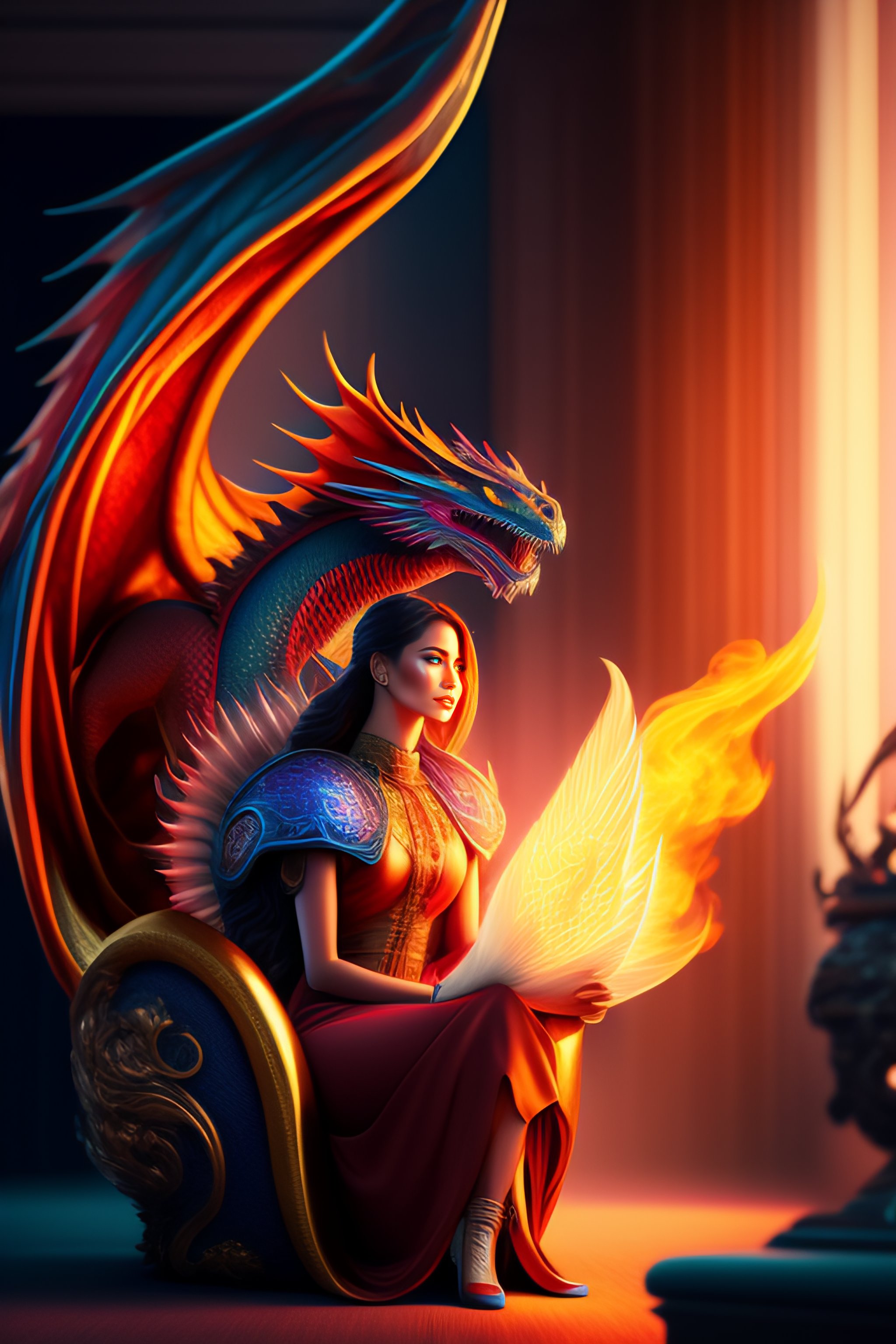 Lexica - A female mage sitting in a chair shaped like a dragon in a ...