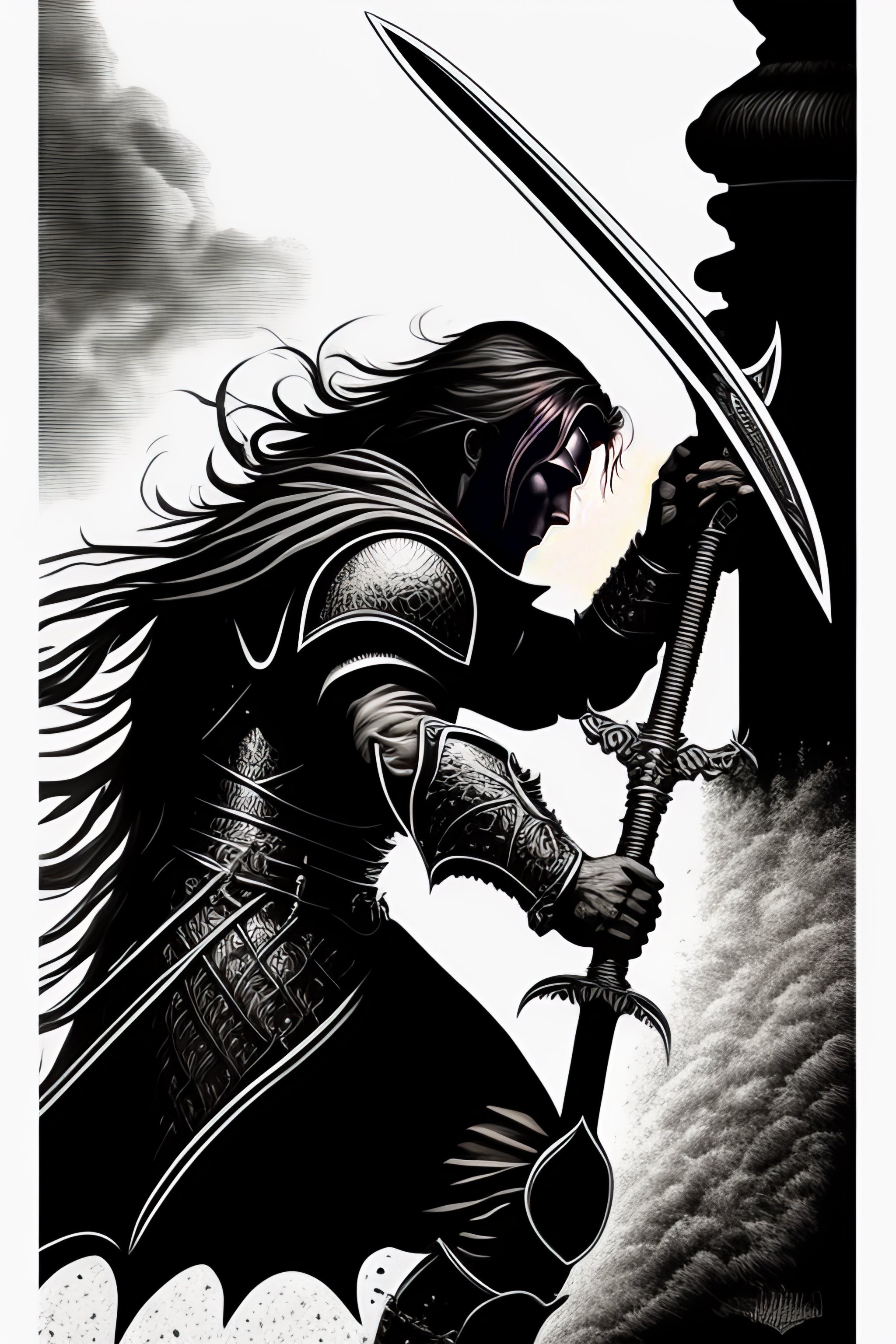 Lexica - Male knight raising sword, fighting a zombie, black and white ...