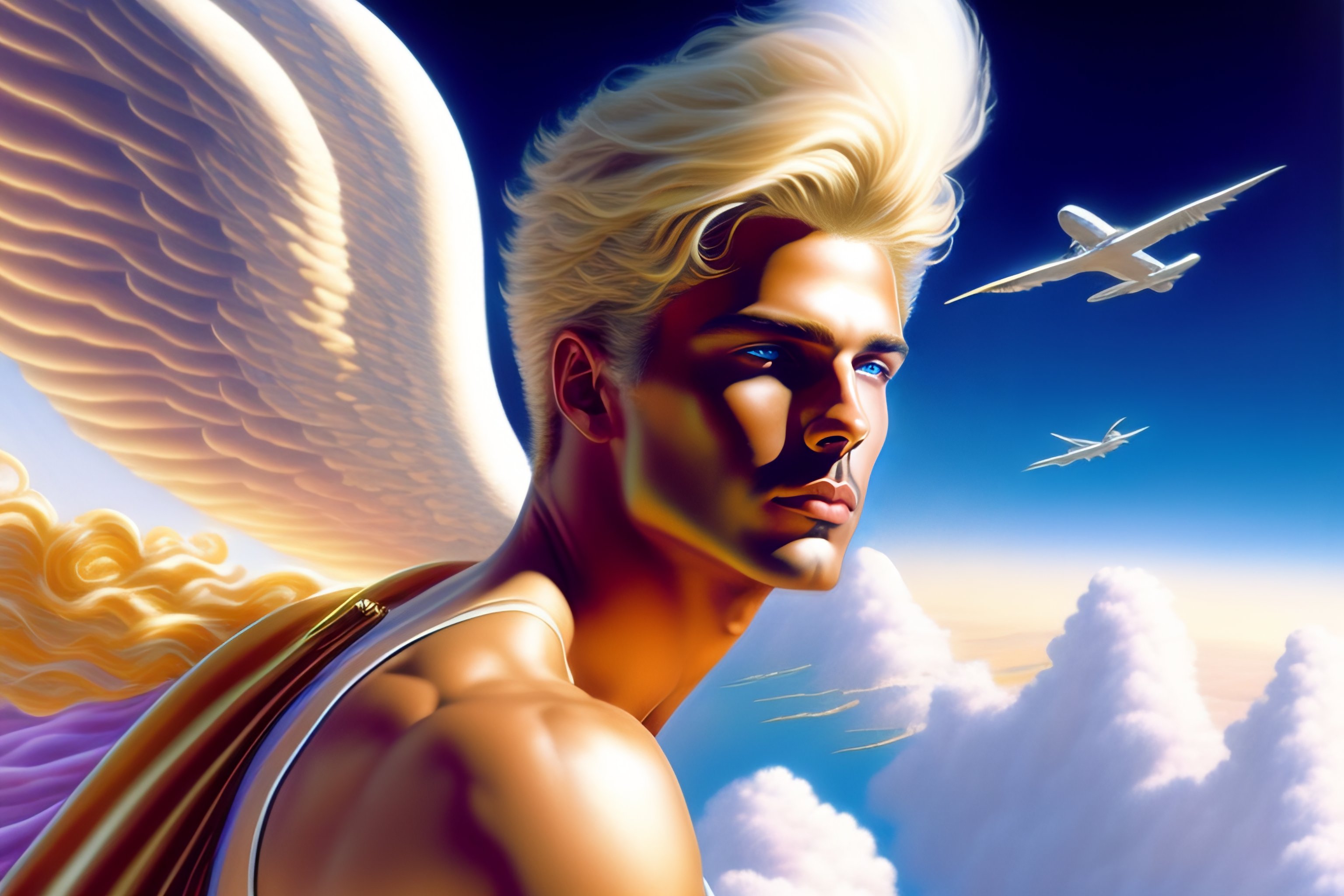 Lexica - A male Angel flying and dancing among the clouds, blond hair ...