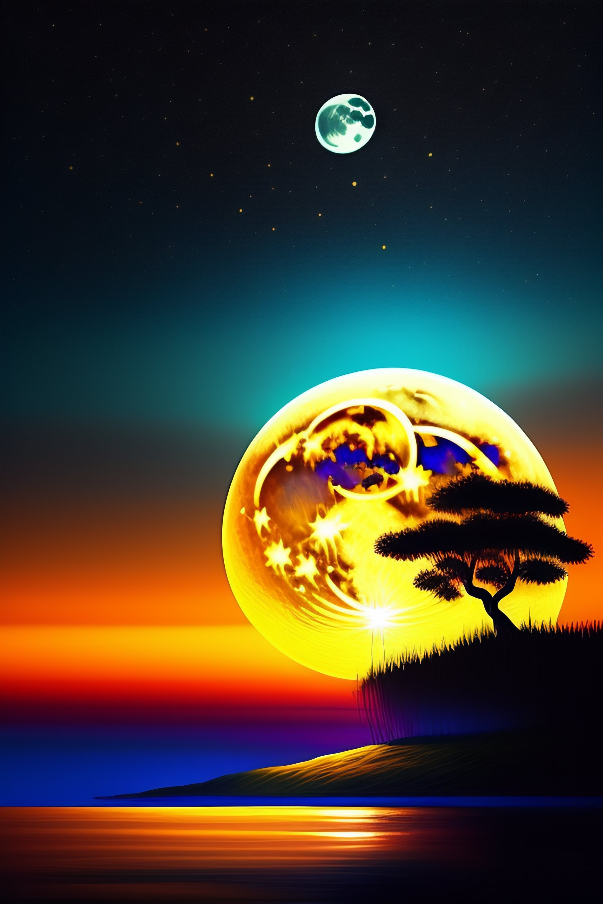 Lexica - Dinosaur in the night watching the moon, bob ross style