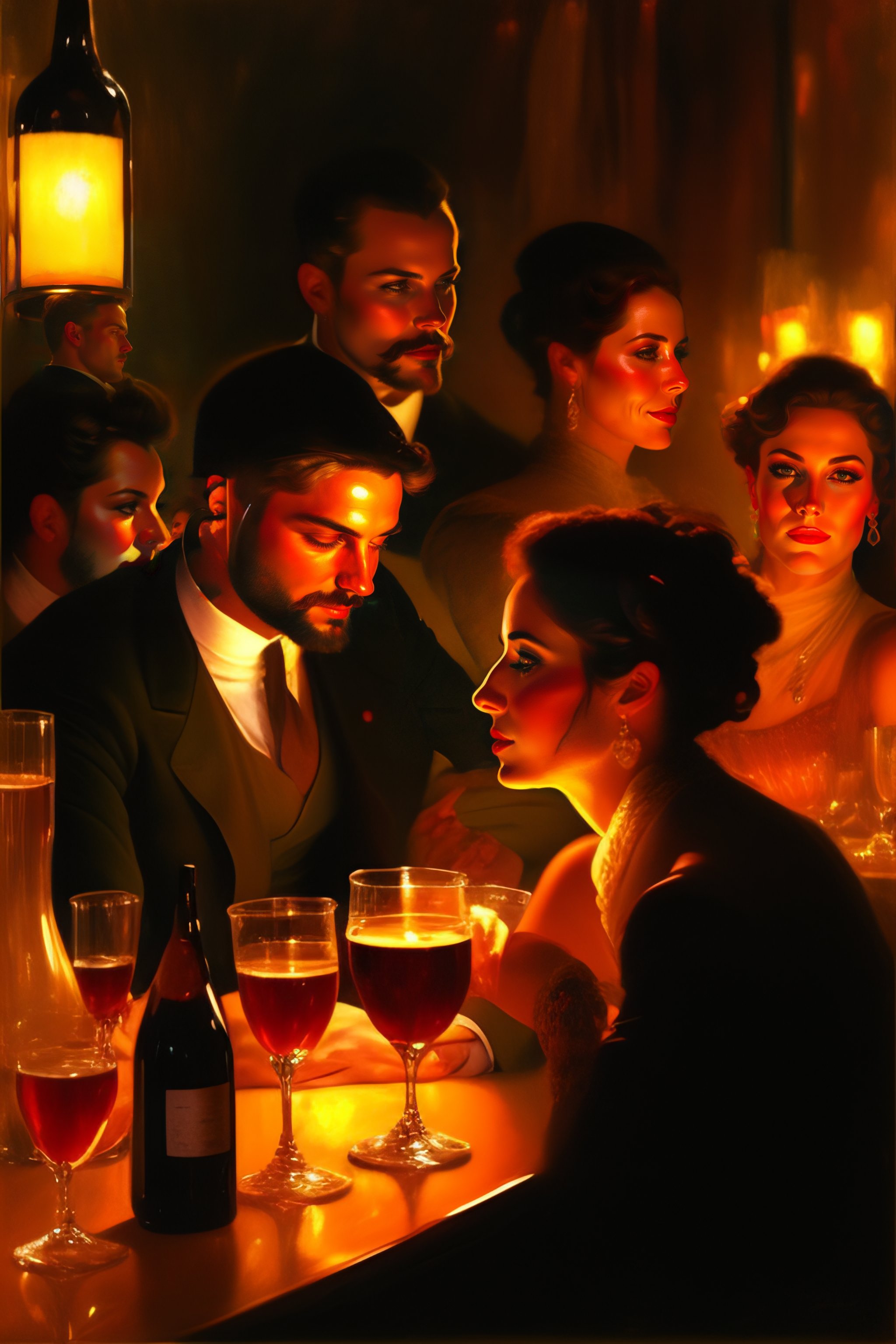 Lexica - Women and men drinking brutal and raw wine, inside a tiny green room with a bar,red ...