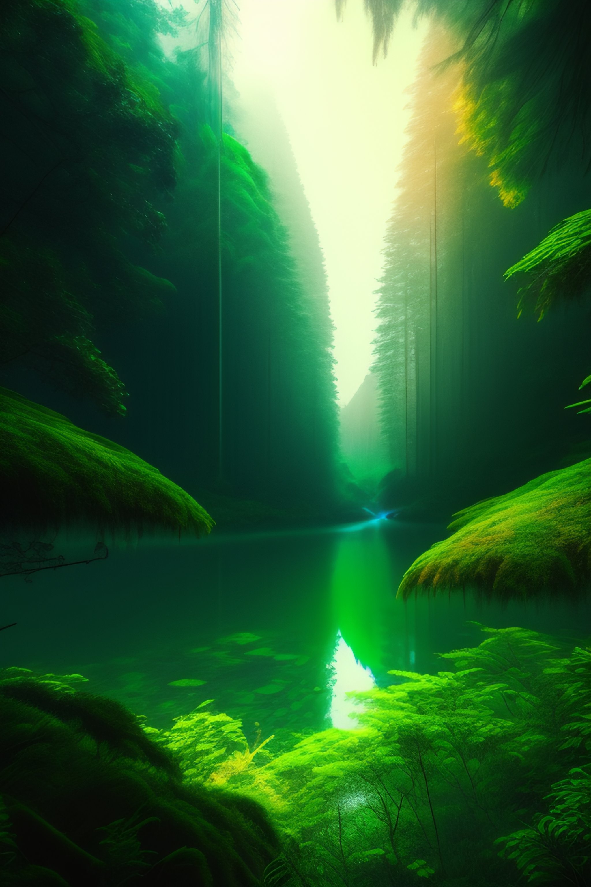 Lexica - A thick rain forest with lush tall green trees, photograph ...