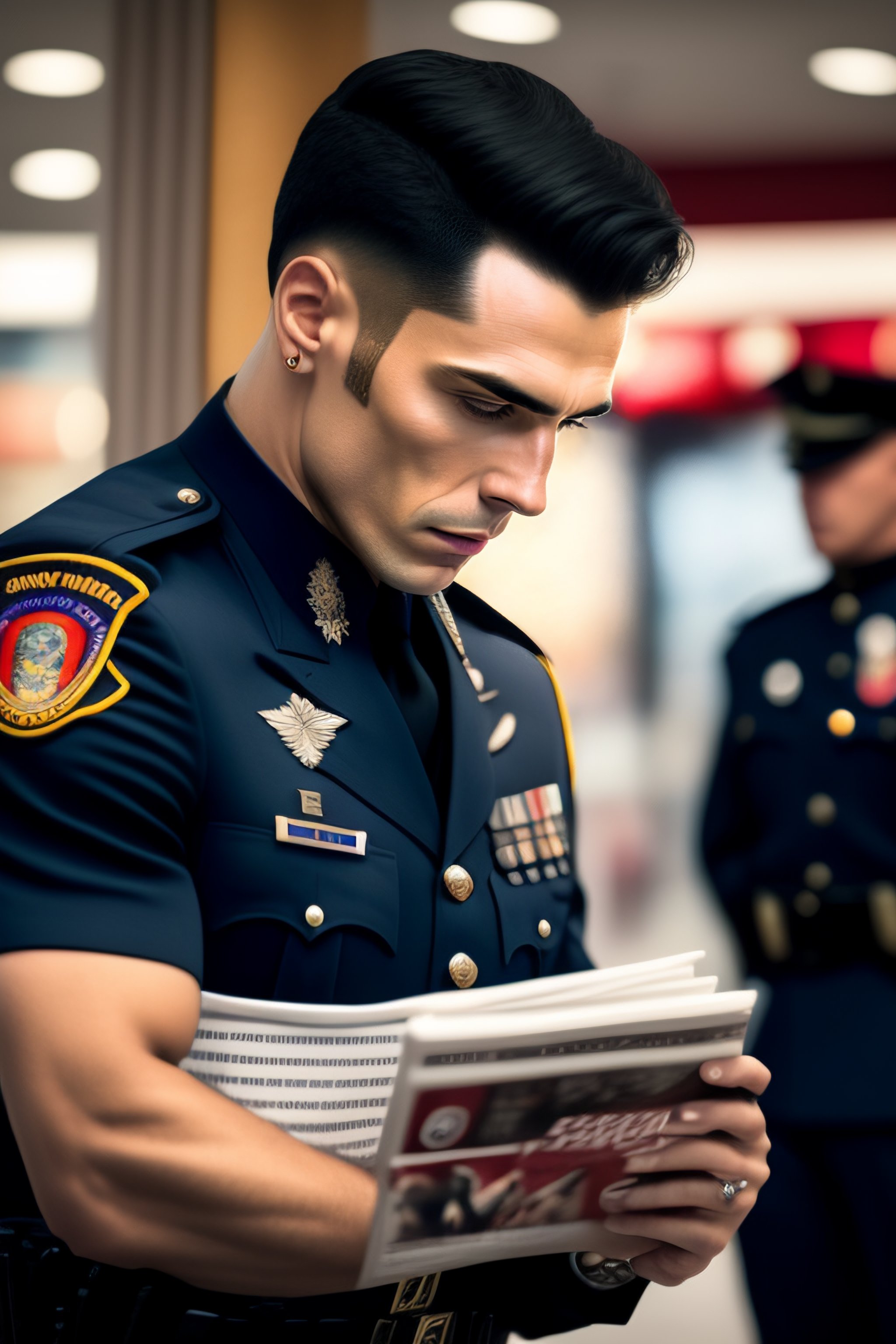 Lexica - A male vampire reading a magazine in a mall in a police uniform