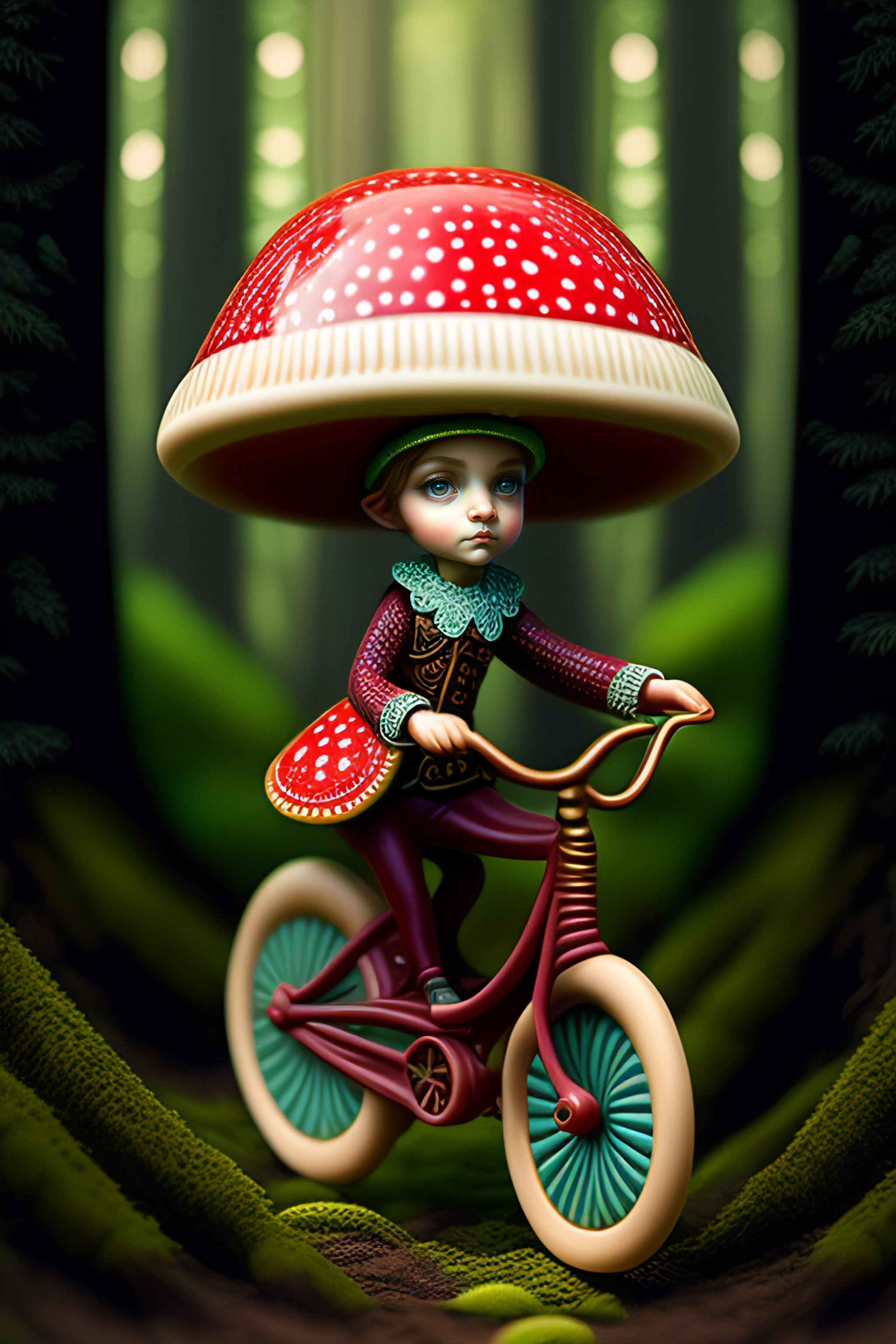Lexica - Intricate detailed mushroom elf riding bicycle in a dark ...
