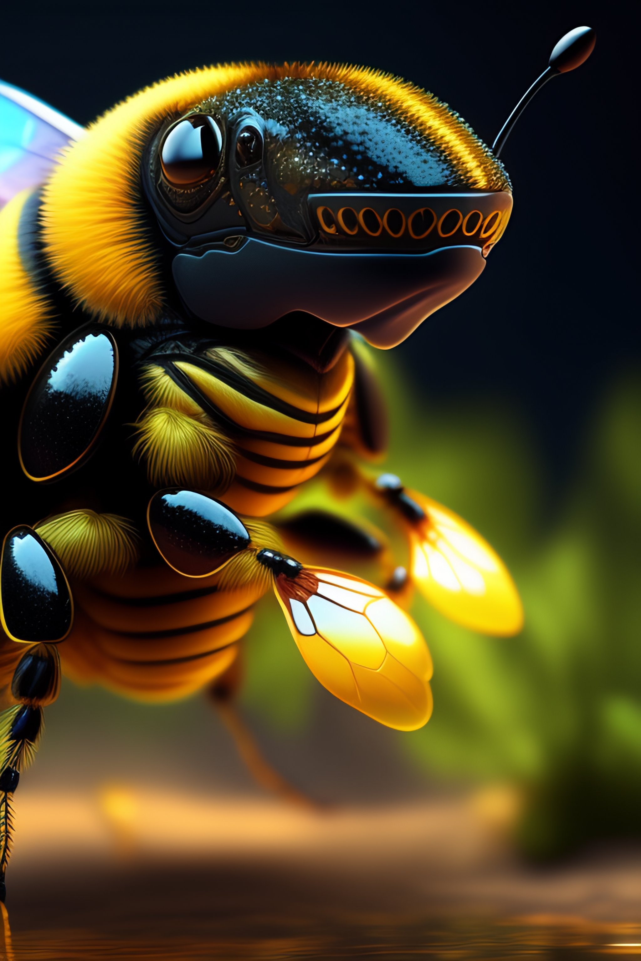 Lexica - T-rex dino bee hybrid, bee wings, terrifying, rain, unreal engine