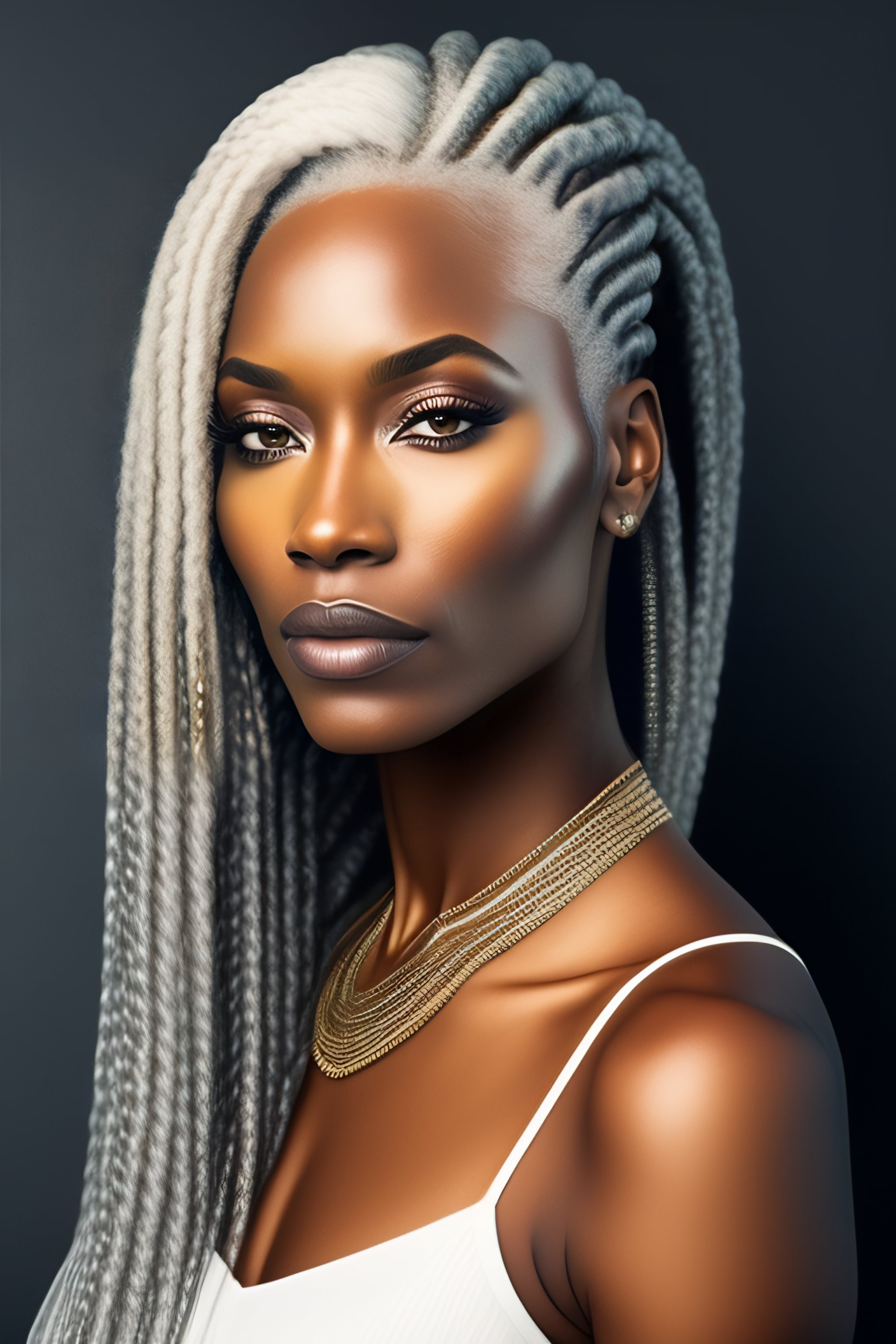 Lexica - Female giant, gray hair, thin, gray skin, long braids