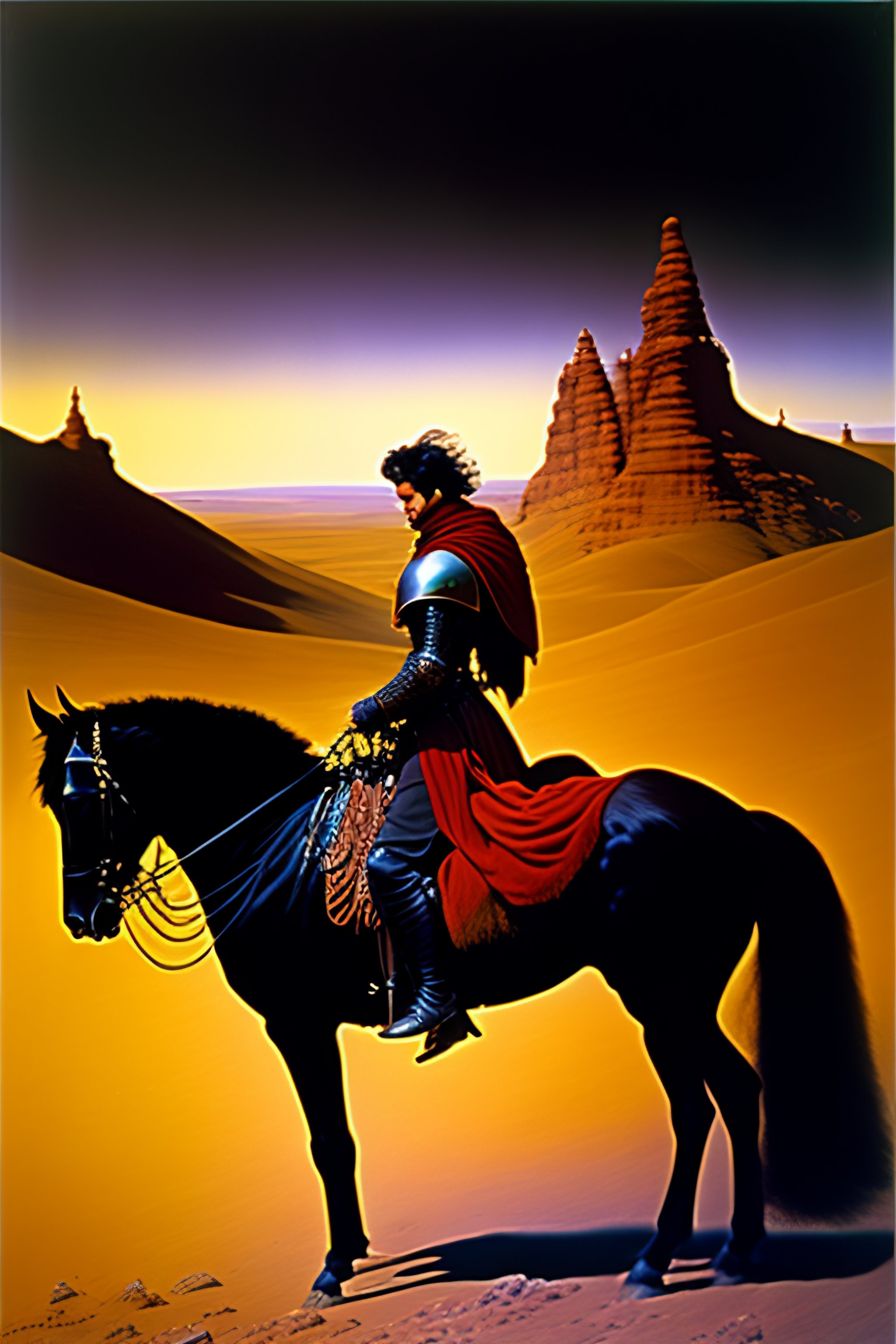 Lexica - A black knight riding hia steed through a hostile, barren and ...