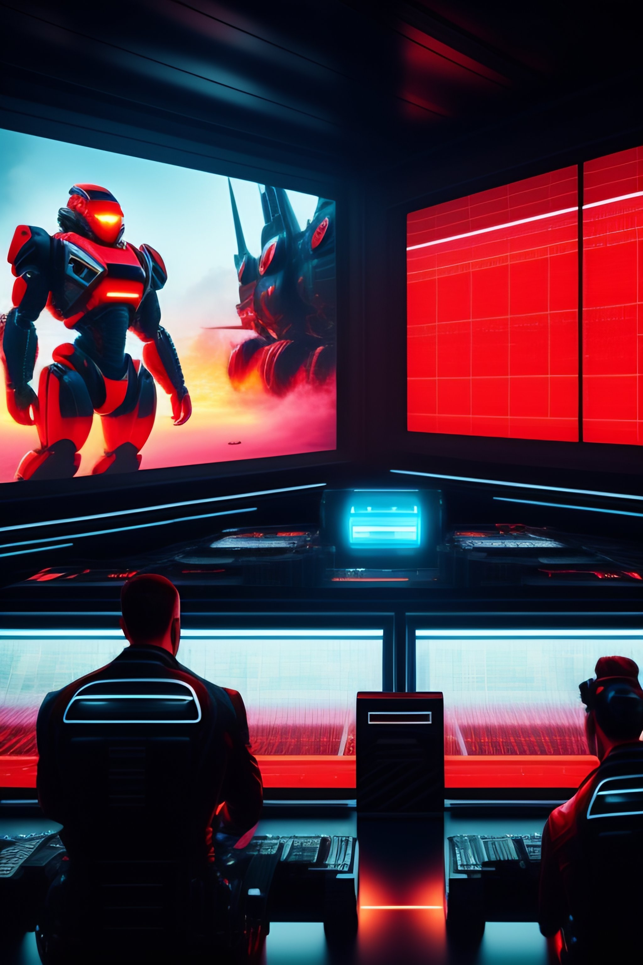 Lexica - Control room , massive , big screen , red black theme , men ...