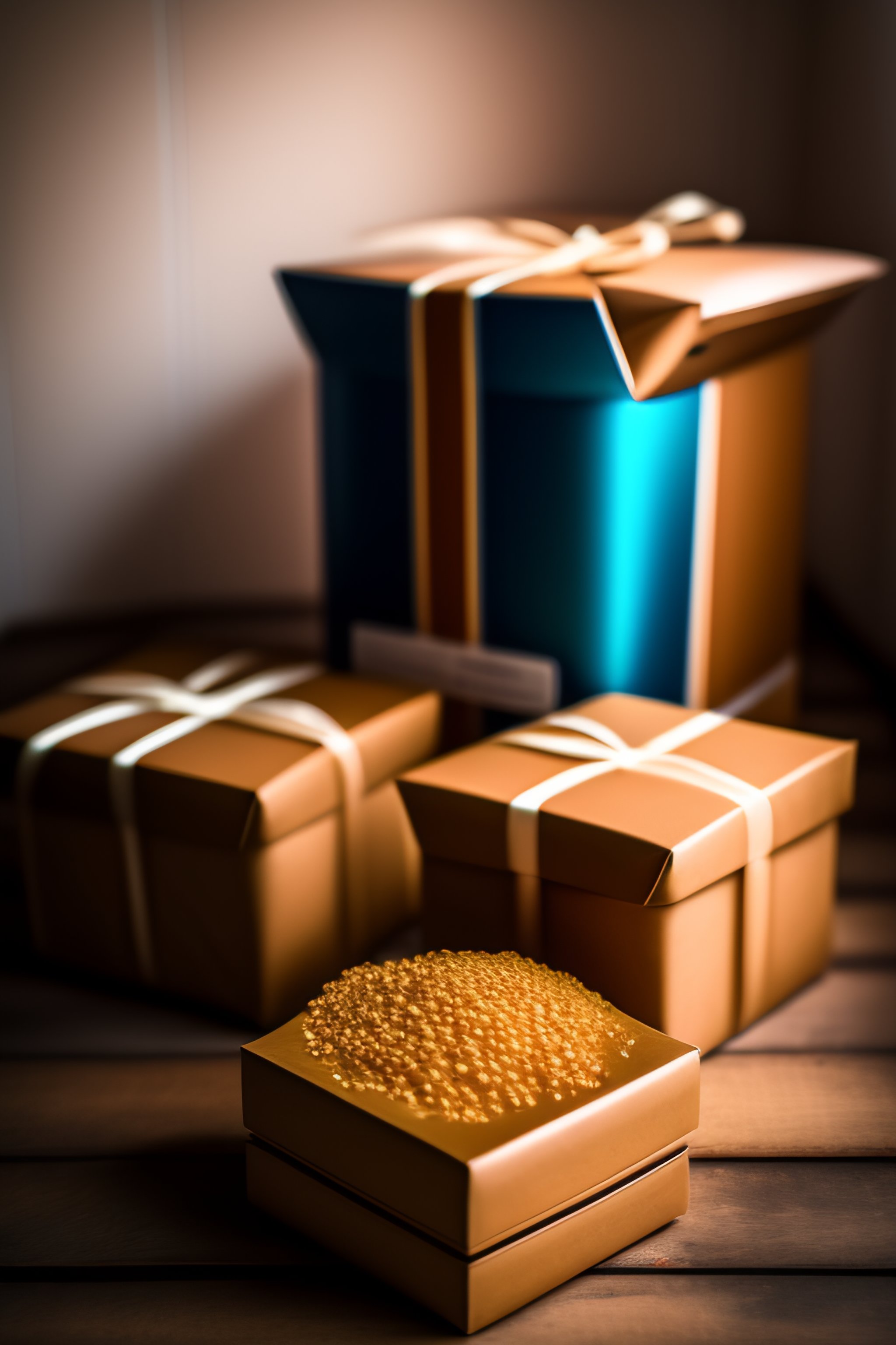 Lexica - Packages on the table, centered in frame, facing camera ...