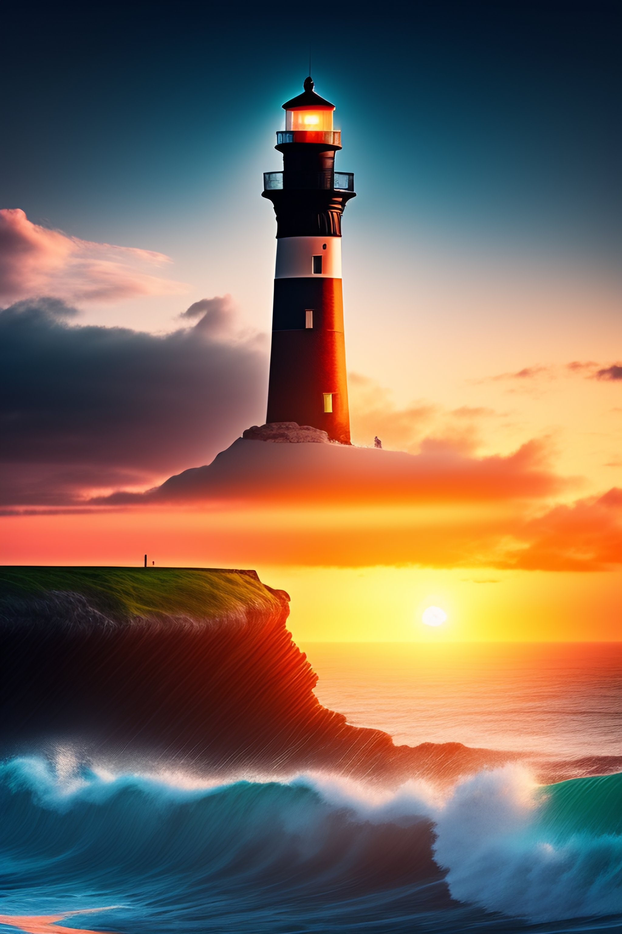 Lexica - A lighthouse in the middle of the sea, with wild sea hitting ...