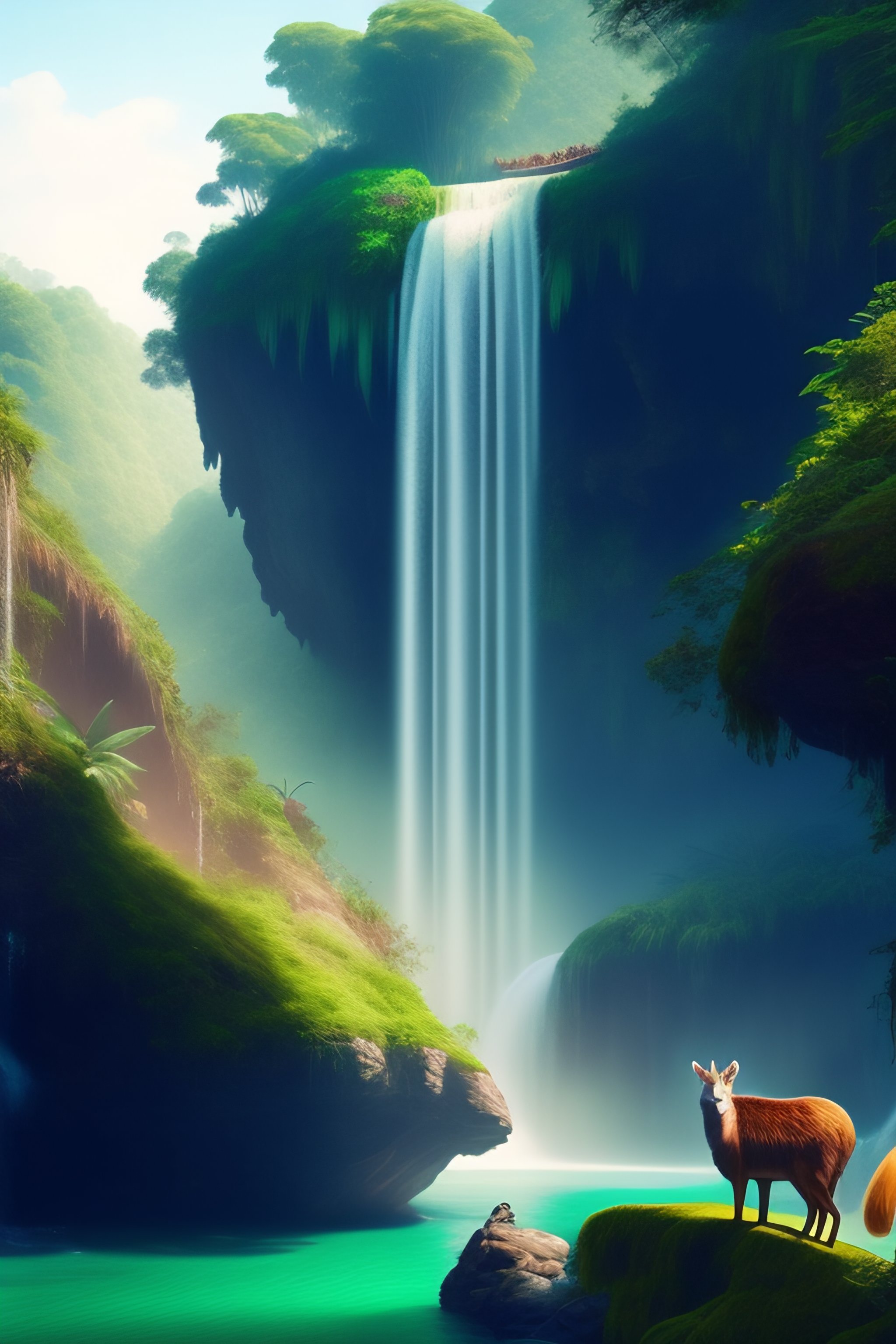Lexica - Jungle with beautiful nature by day, waterfall, animals. View ...