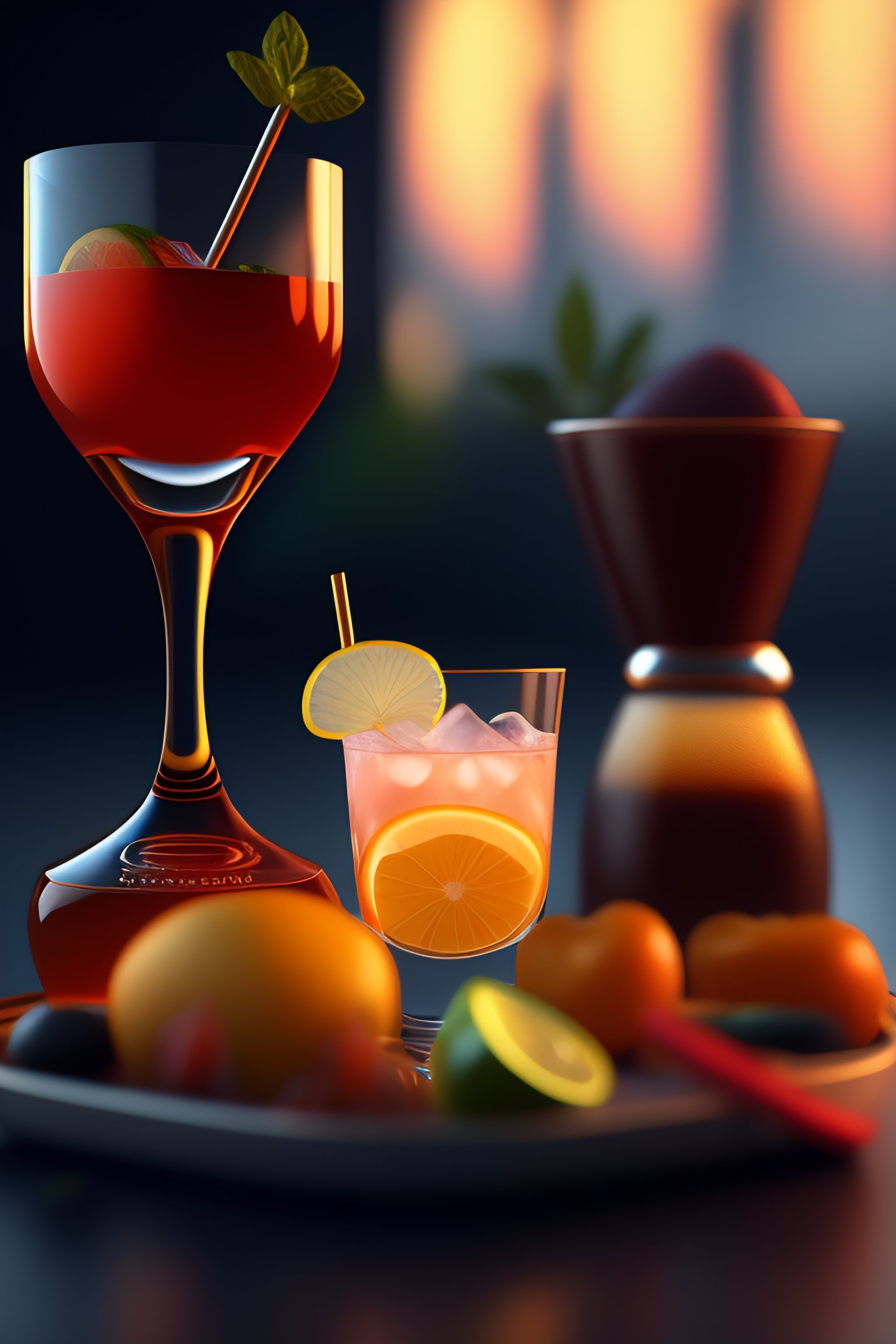 Lexica - Finger food con drinks mixologist , 3D, 8k, octane render