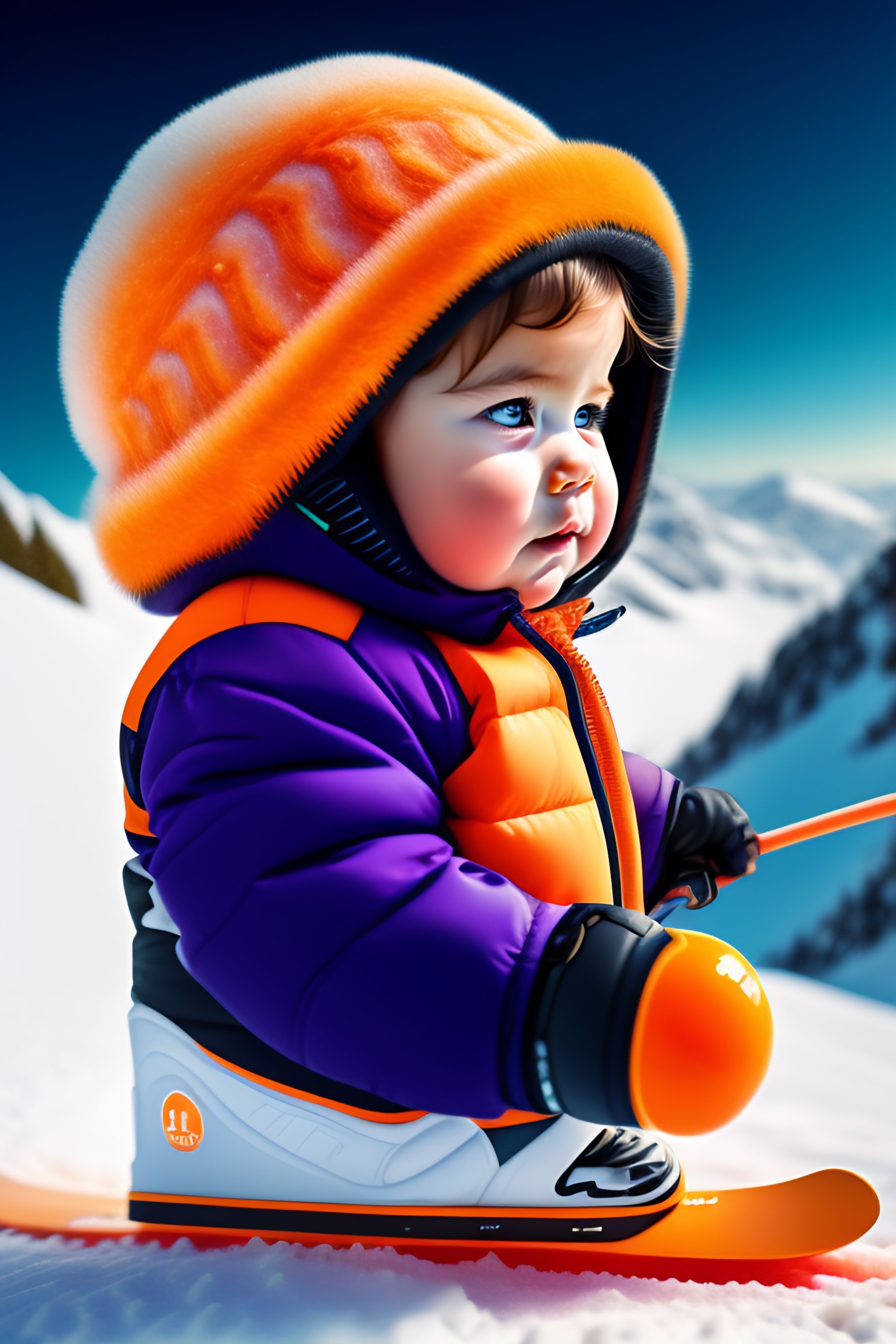 Lexica - Drawing of a baby with a shape of a clementine on ski boots ...