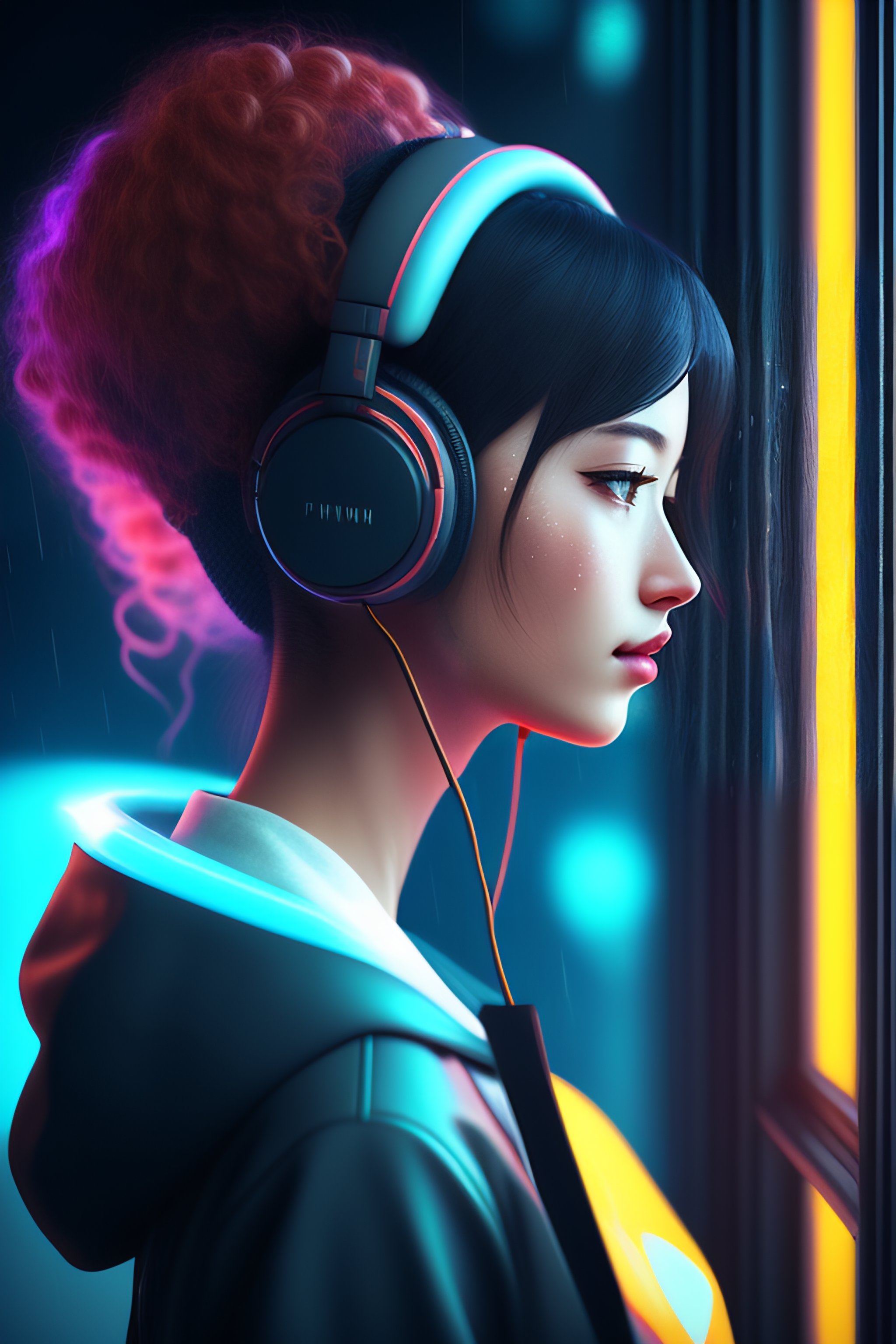 Lexica - A lofi girl with headphones is looking at a rainy window in ...